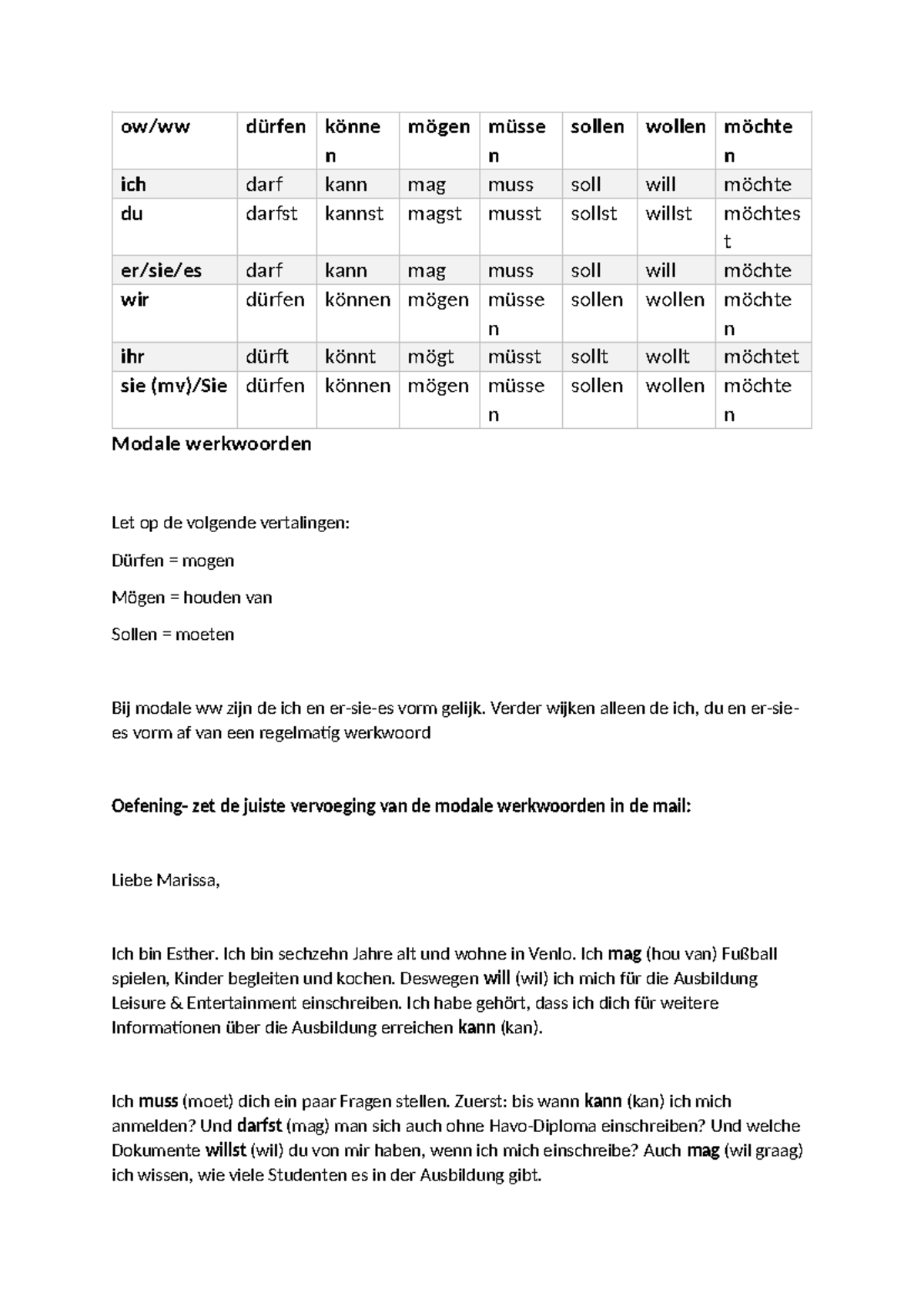Duits modale werkwoorden + oefenbrief - ow/ww dürfen könne n mögen ...