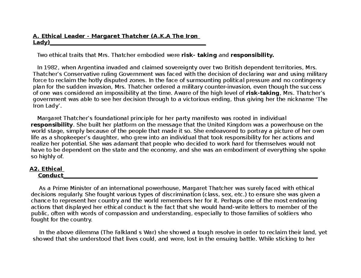 Task 1 - C206 - Ethical Leadership - A. Ethical Leader - Margaret Thatcher (A.K The Iron - Studocu