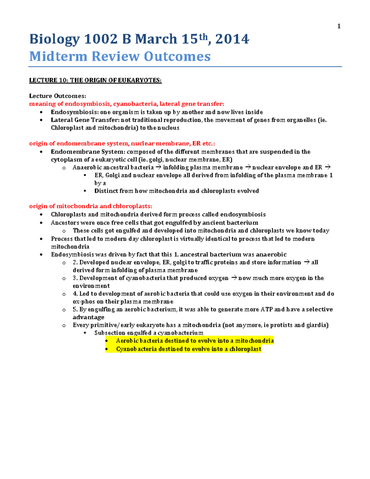 Biology detailed notes - Biology 1002 B March 15 th, 2014 Midterm ...