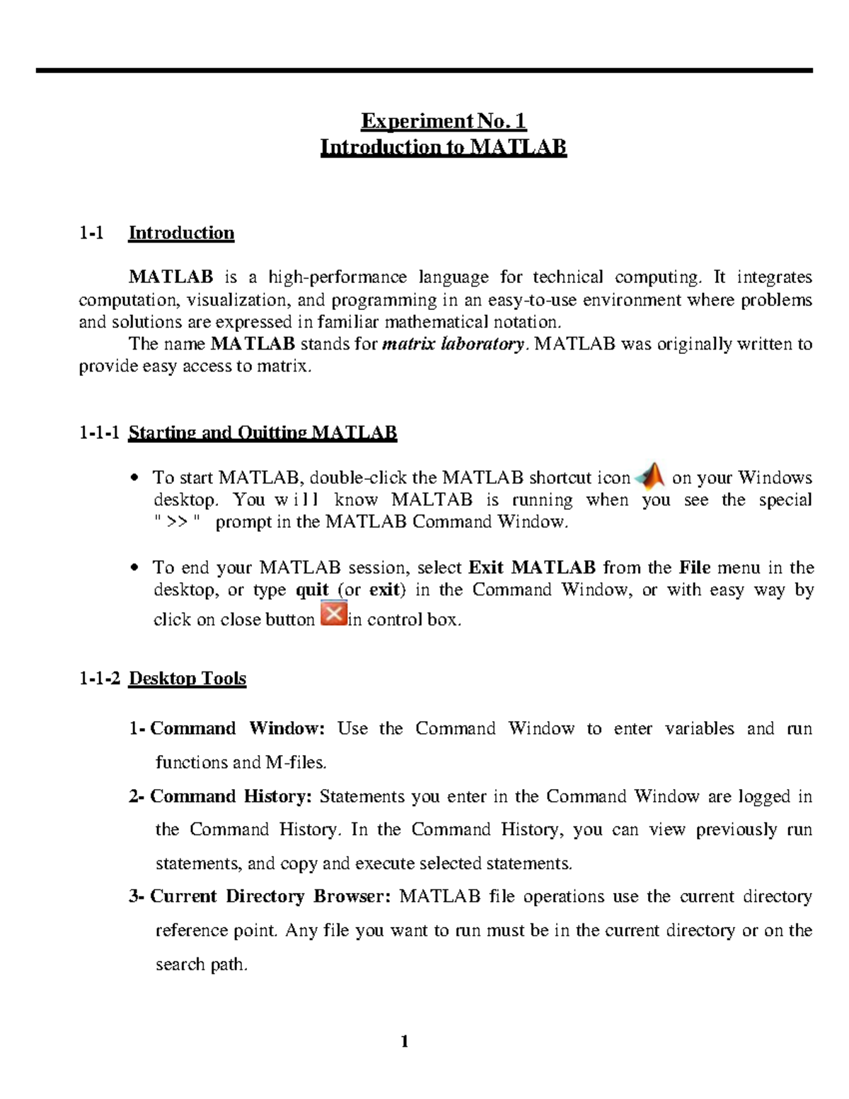 Experiment 1 Matlab Is A High Performance Language For Technical