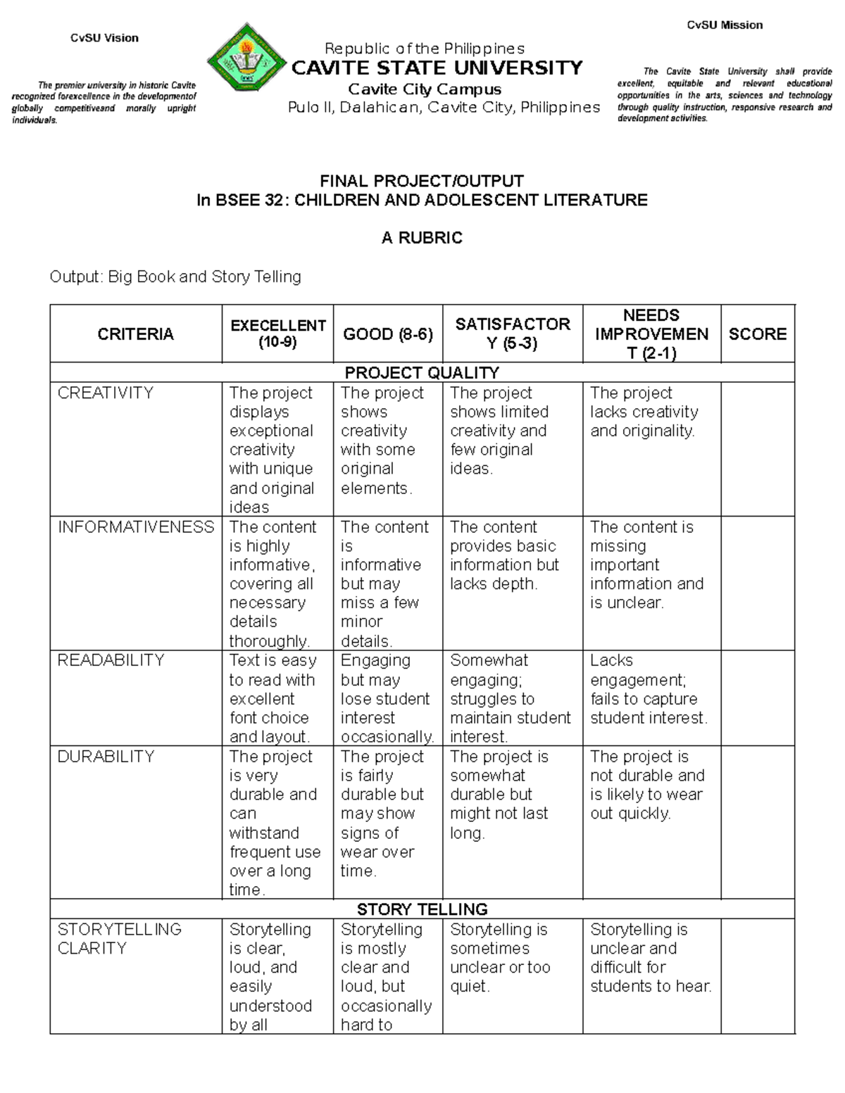 Final Project (BIG BOOK Rubric) - FINAL PROJECT/OUTPUT In BSEE 32: CHILDREN AND ADOLESCENT - Studocu