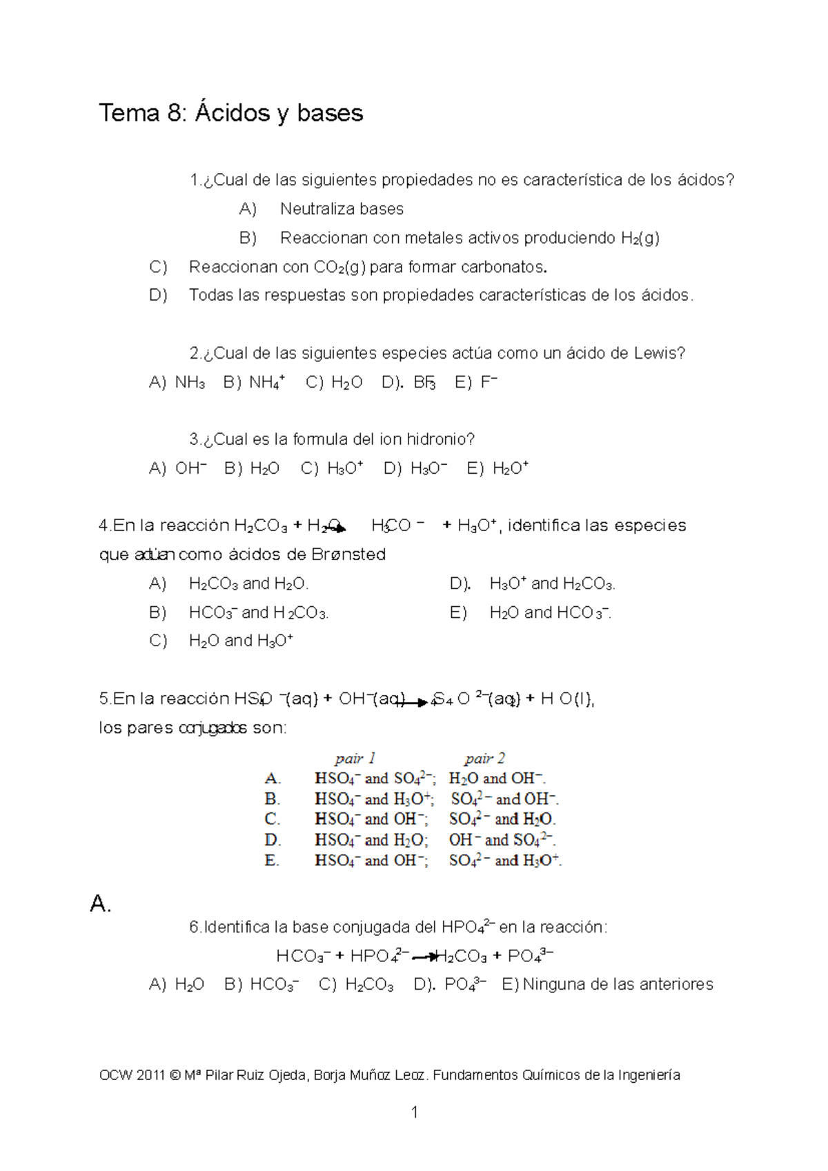Ejercicios DE Acidos Y Bases - Tema 8: Ácidos y bases 1.¿Cual de las ... Ejercicios DE Acidos Y Bases - Tema 8: Ácidos y bases 1.¿Cual de las ...