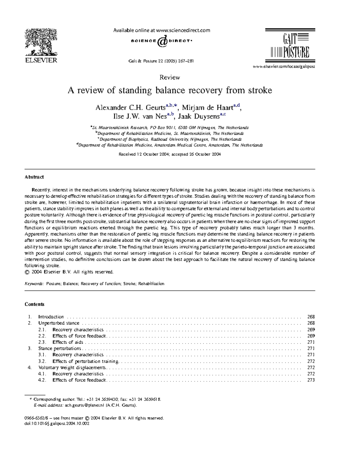 Balance recovery Geurts 2005 - Review A review of standing balance ...