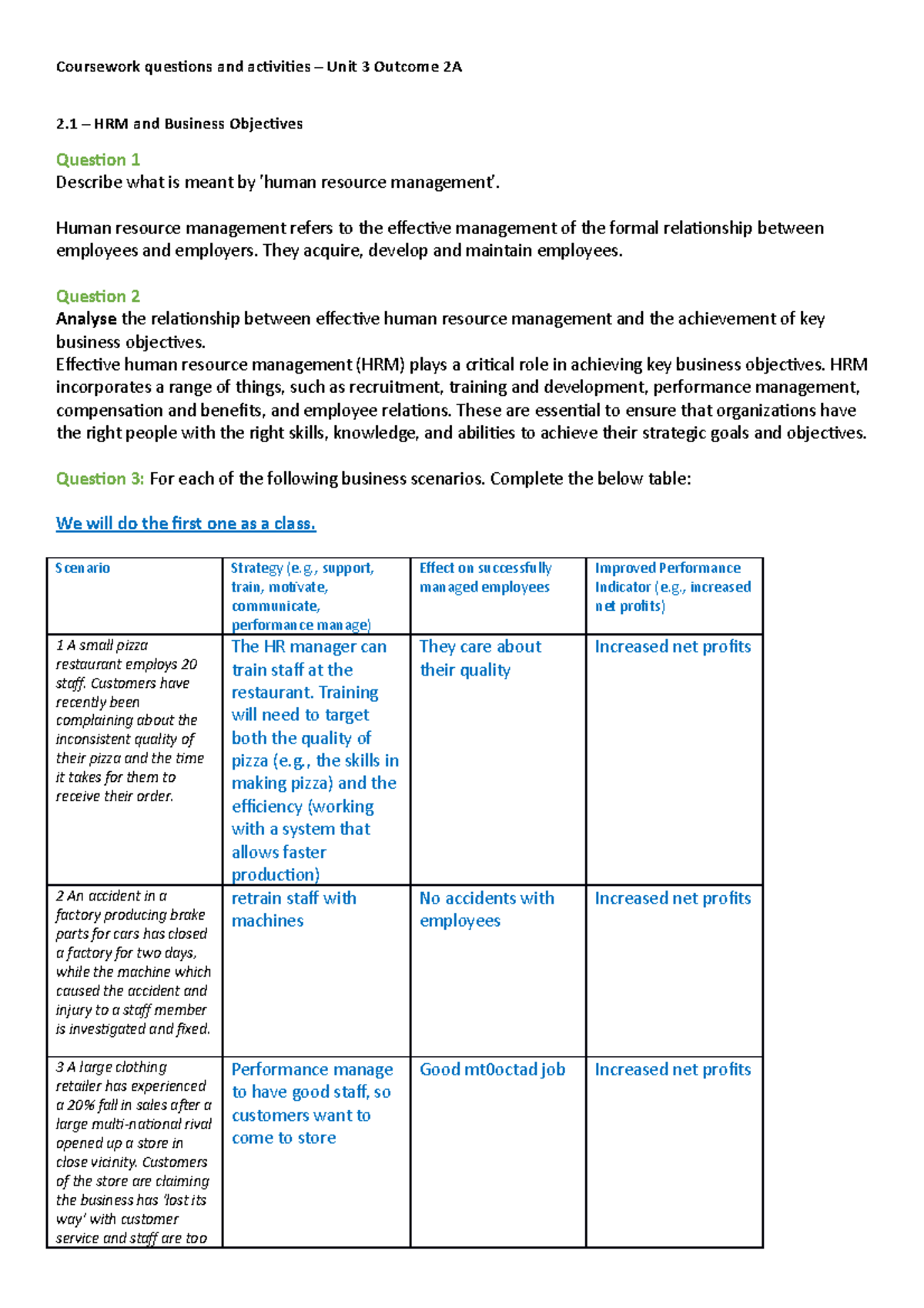 2A Coursework Questions 2023 - 2 – HRM and Business Objectives Question 1 Describe what is meant ...