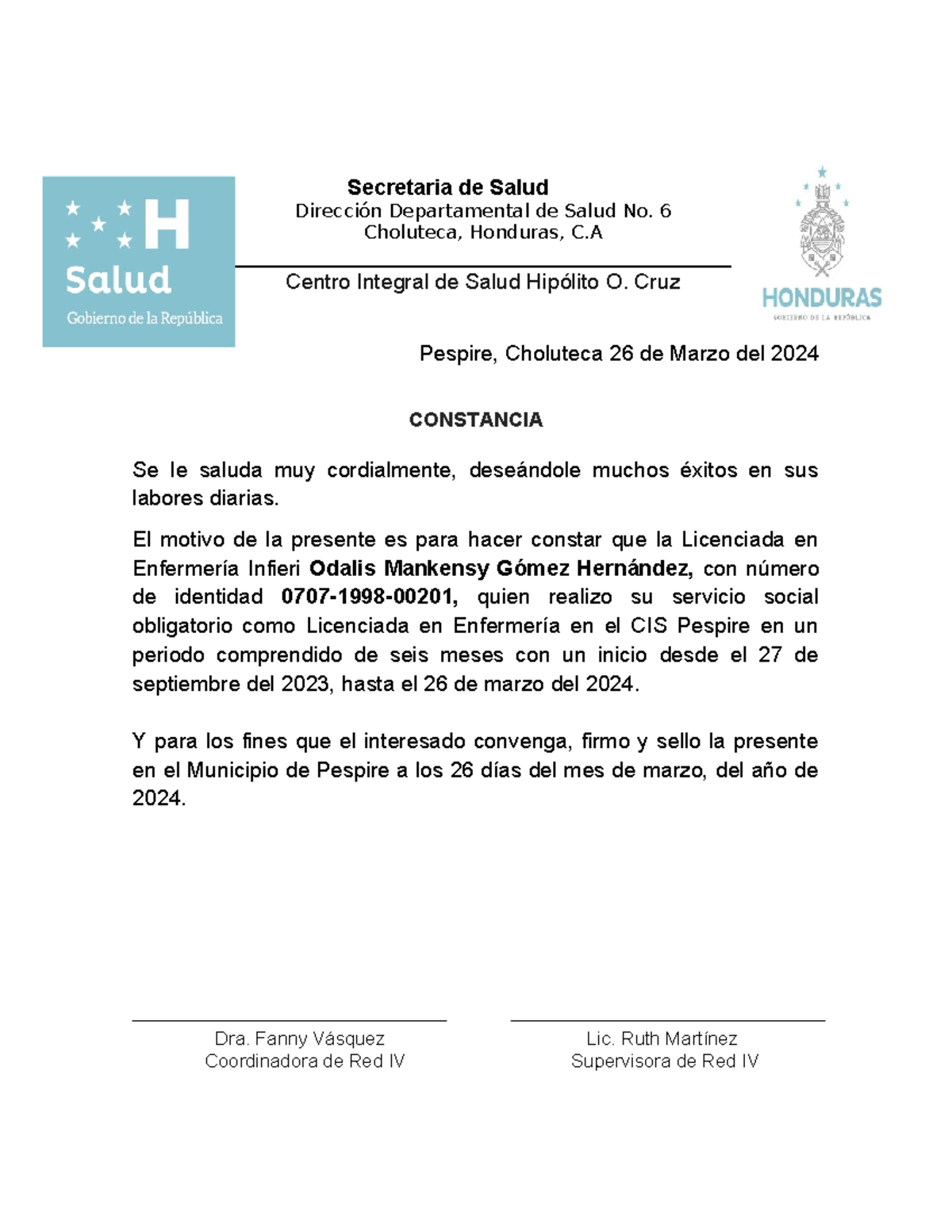 Secretaria de Salud- Constancia - Secretaria de Salud Dirección Departamental de Salud No. 6 ...