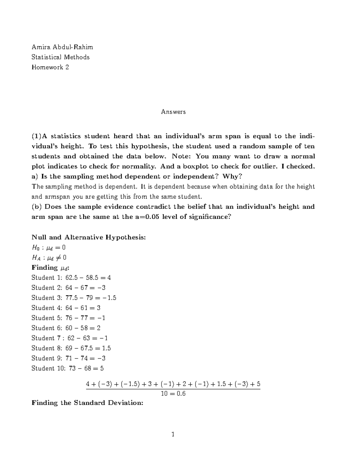 Homework 2stats - StatisticalMethods - Amira Abdul-Rahim Statistical Methods Homework 2 Answers ...