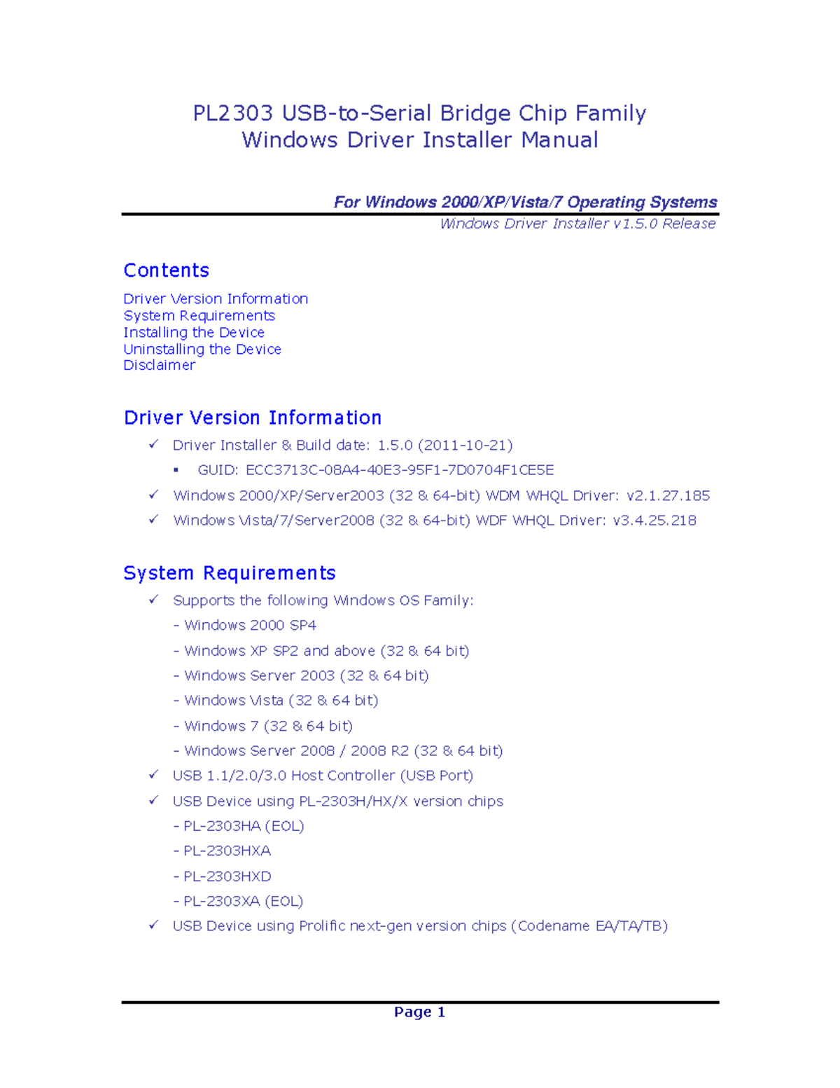 Um pl2303 Driver Installer Manual v1 - PL2303 USB-to-Serial Bridge Chip ...