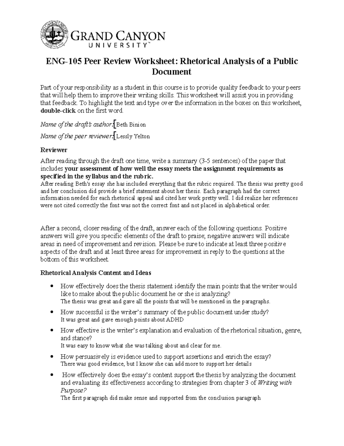 ENG-105-RS-Rhetorical Analysis Peer Review Worksheet Online - ENG-105 ...