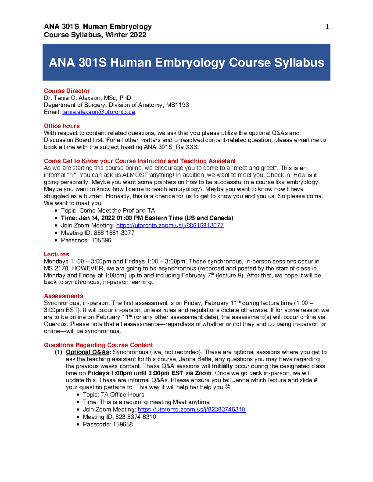 ANA301 Syllabus - Course Syllabus, Winter 2022 ANA 301S Human ...