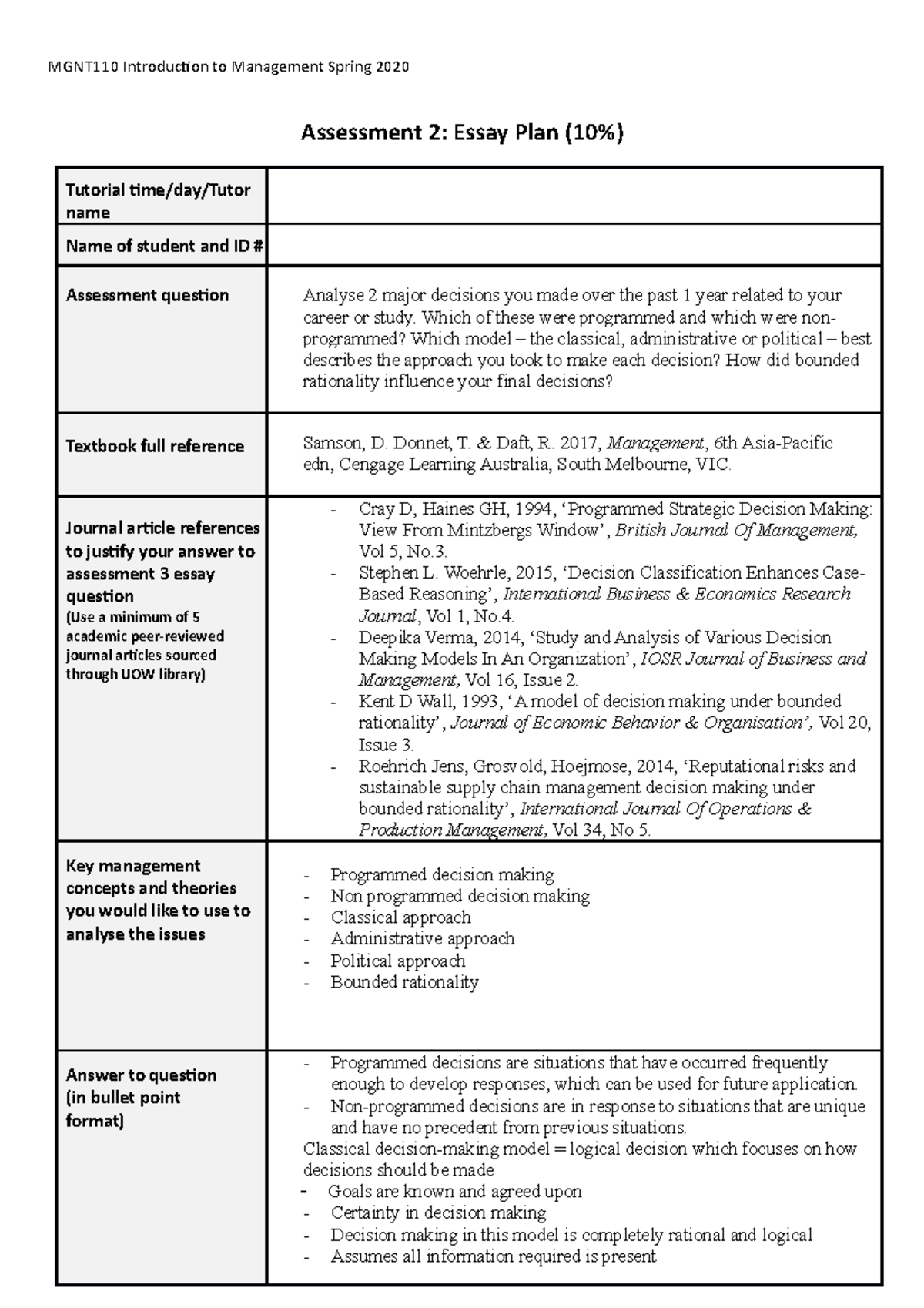 Ass2 Essay Plan Template-Spring 2020 - MGNT110 Introduction to ...
