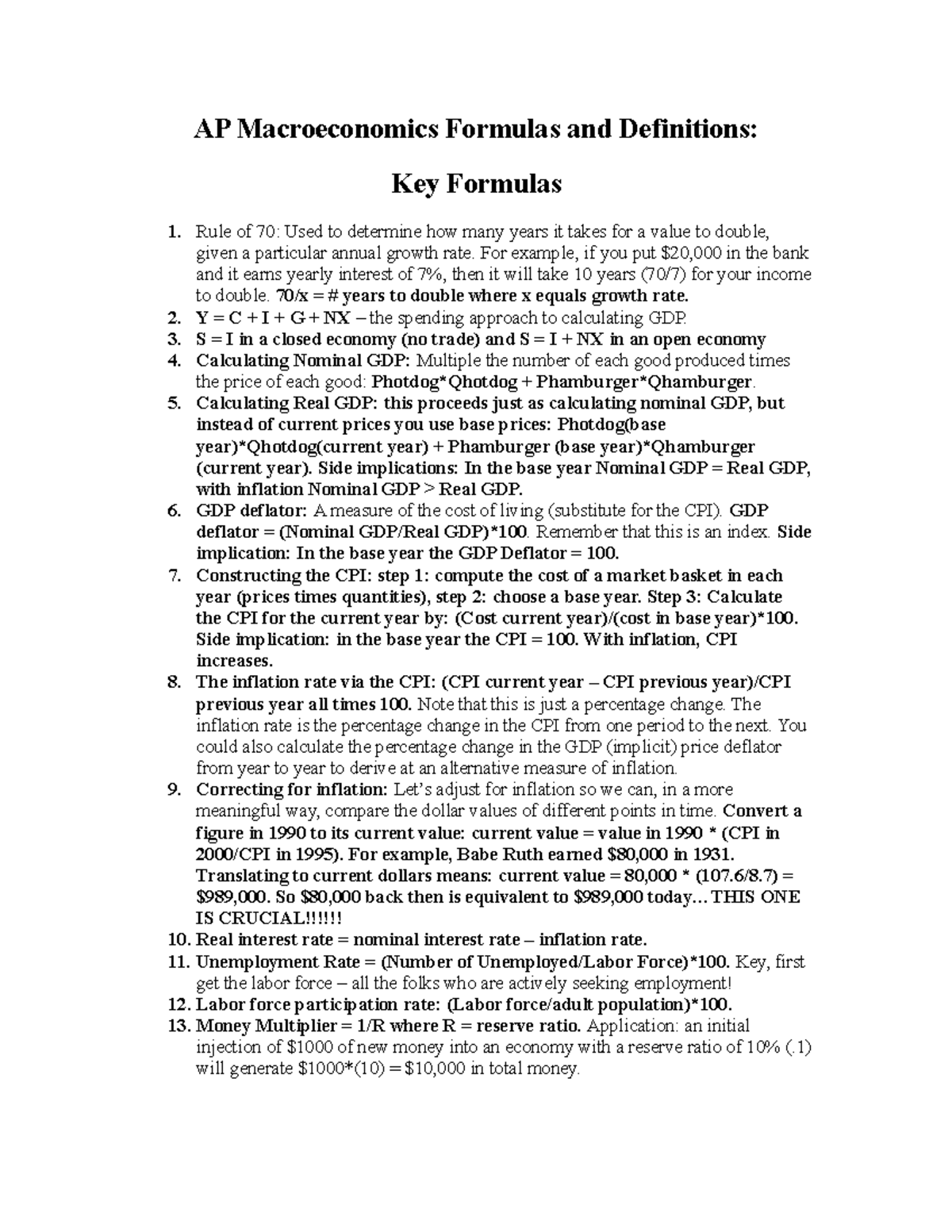 Formulas Definitions Graphs - AP Macroeconomics Formulas and ...