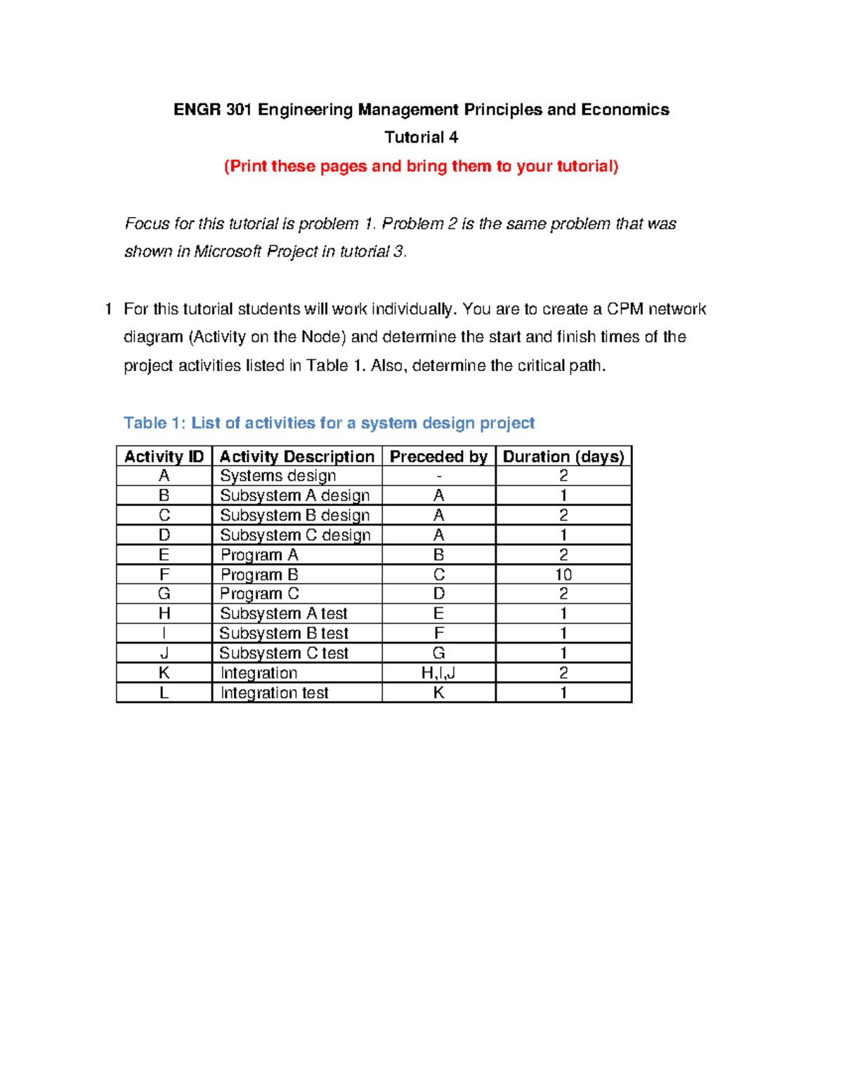 Tutorial 4 - Solutions - ENGR 301 Engineering Management Principles and Economics Tutorial 4 ...