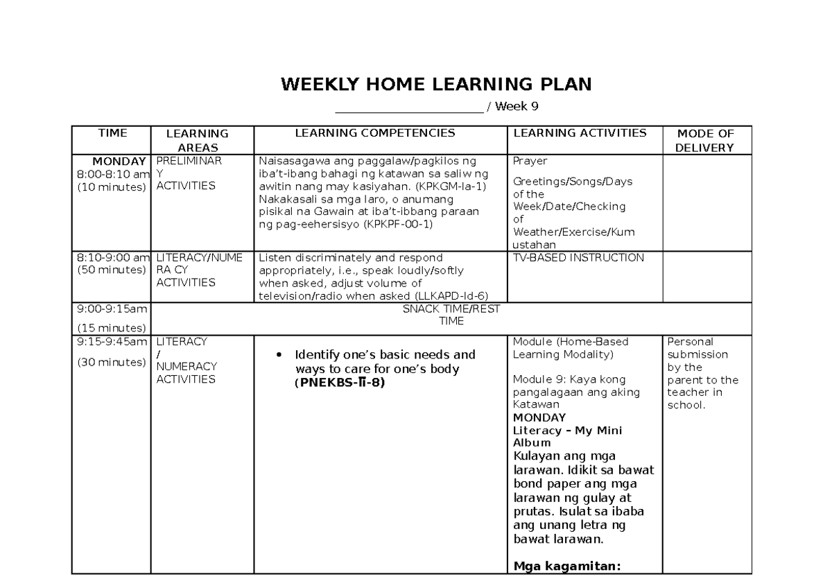 Weekly HOME Learning PLAN Week 9 - WEEKLY HOME LEARNING PLAN _________________________ / Week 9 ...
