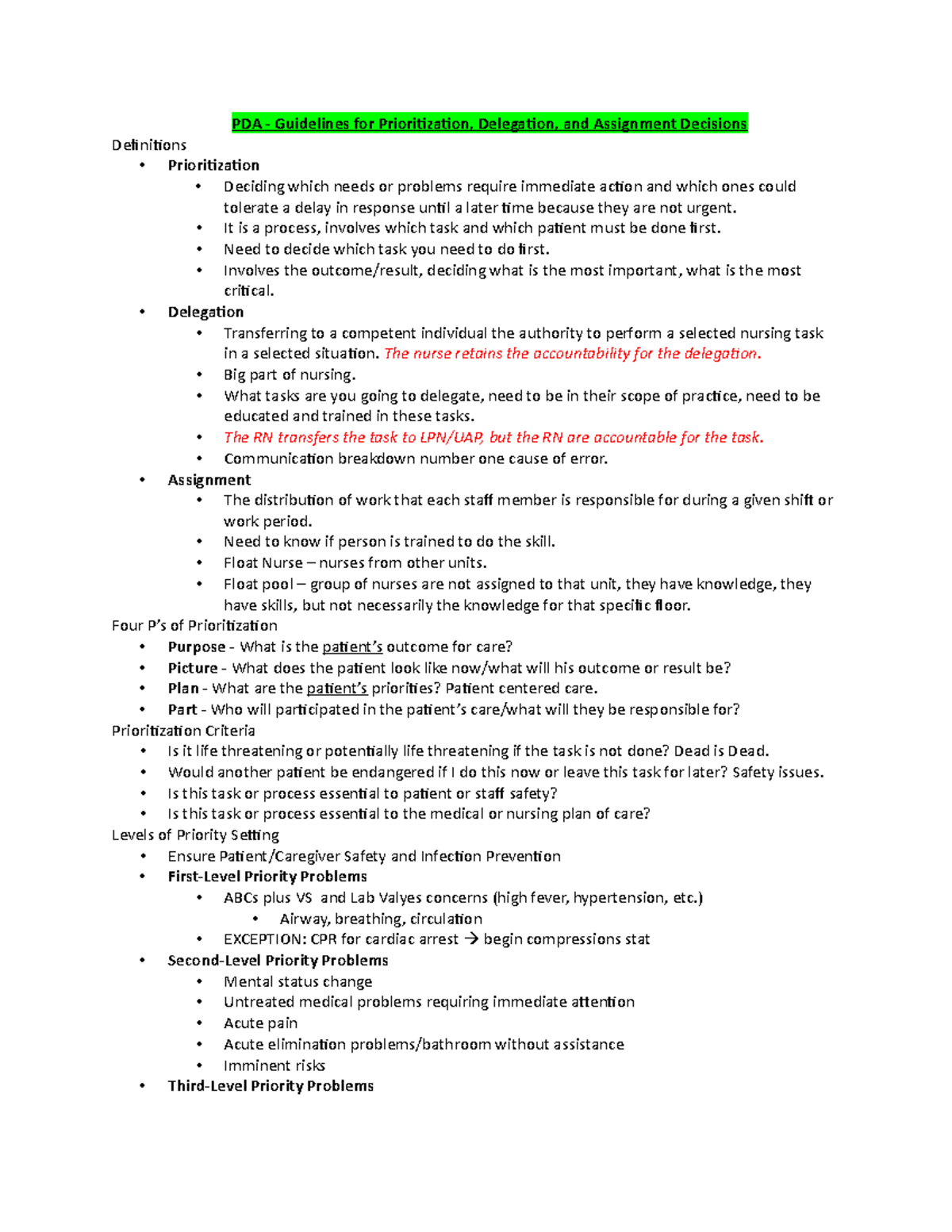 Prioritization Notes - PDA - Guidelines for Prioritization, Delegation ...