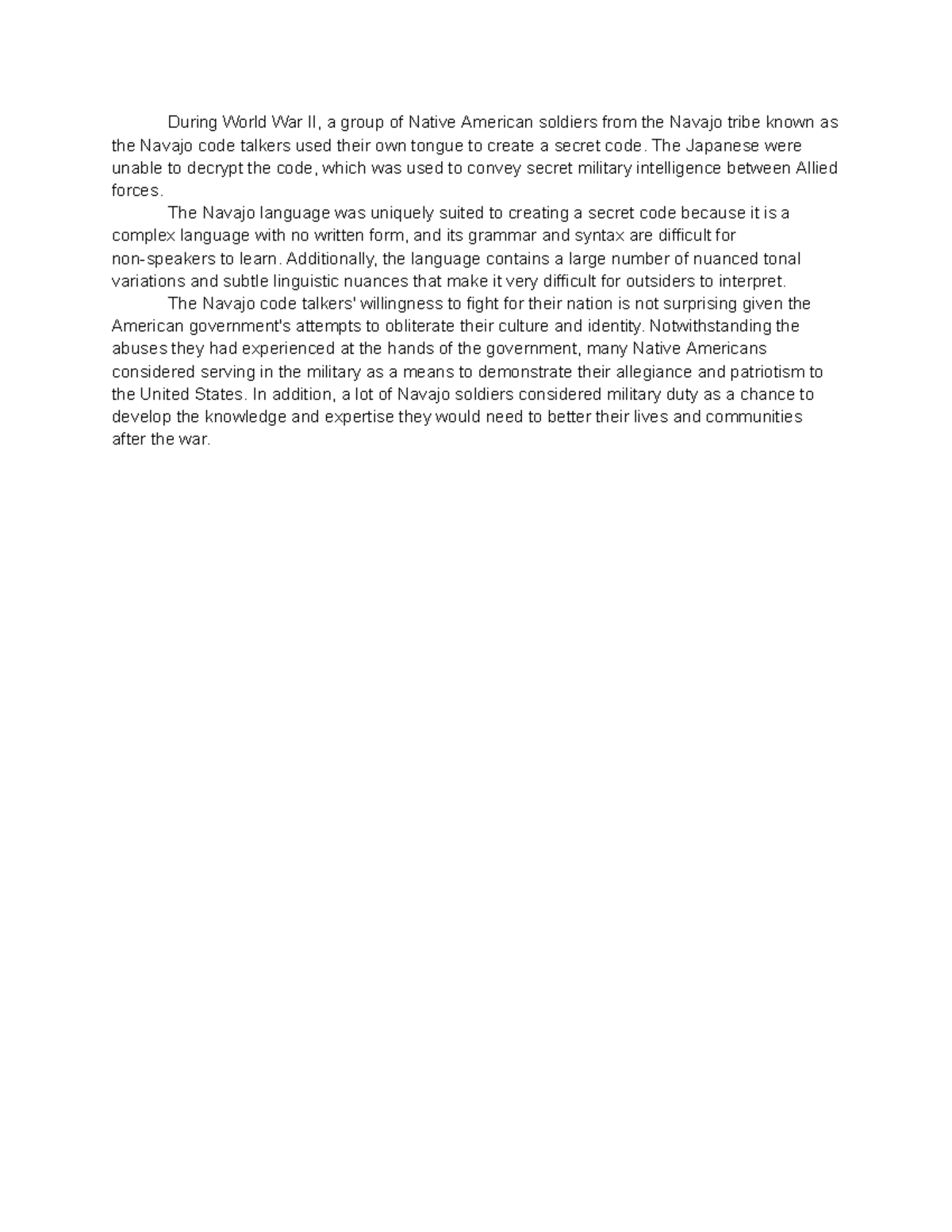 Navajo Code Talkers Assignment - During World War II, a group of Native ...