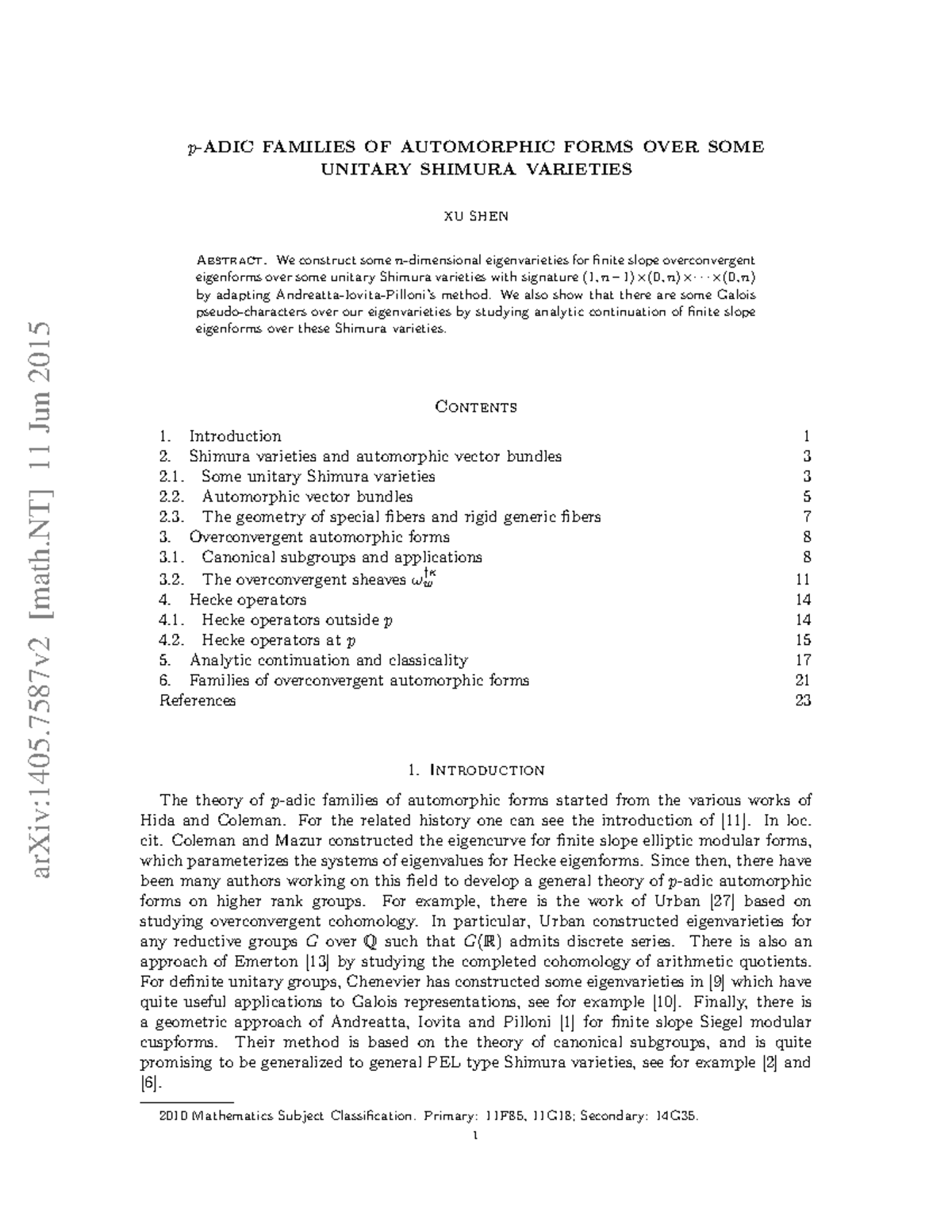 1405 - Cours - p-ADIC FAMILIES OF AUTOMORPHIC FORMS OVER SOME UNITARY ...