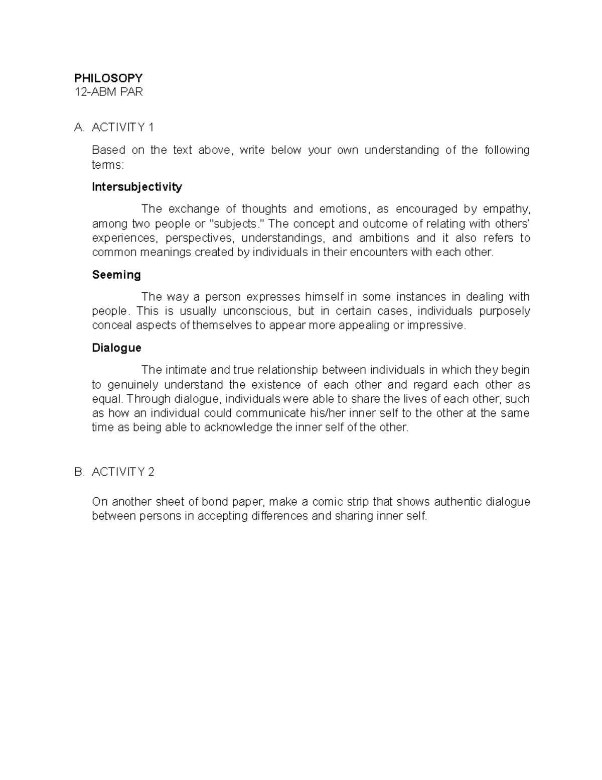 Philosophy Activity number 1 - PHILOSOPY 12-ABM PAR A. ACTIVITY 1 Based ...