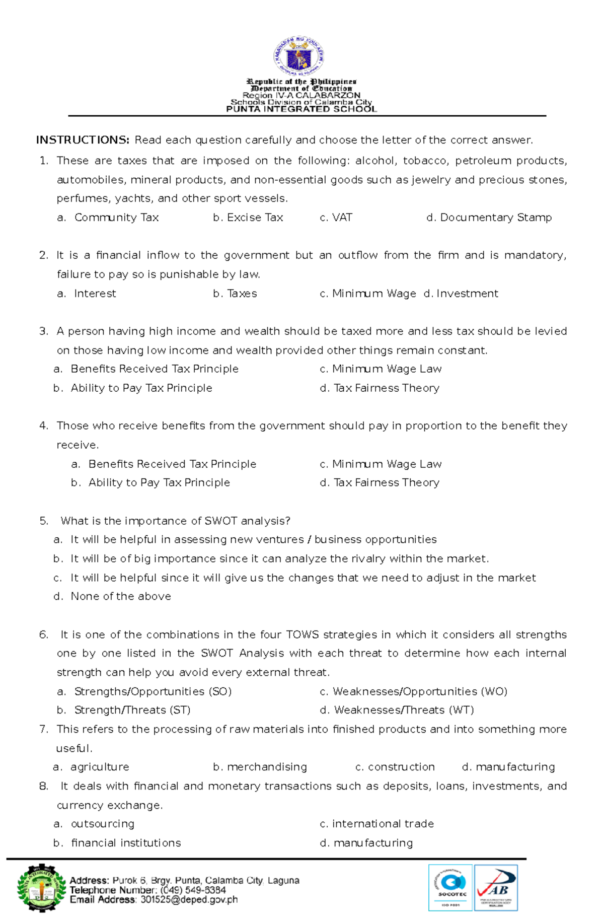 Long quiz in AE - quiz - INSTRUCTIONS: Read each question carefully and ...