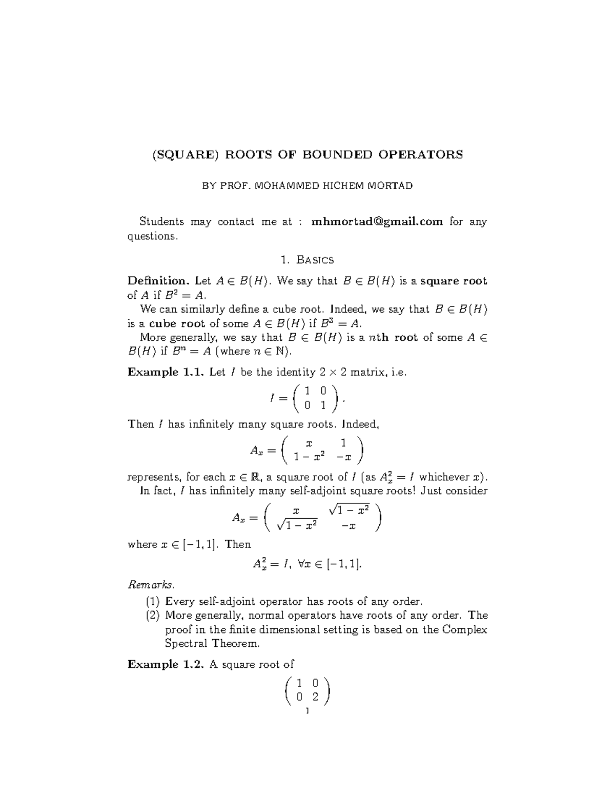 Sq rt cours en ligne Mortad - (SQUARE) ROOTS OF BOUNDED OPERATORS BY ...