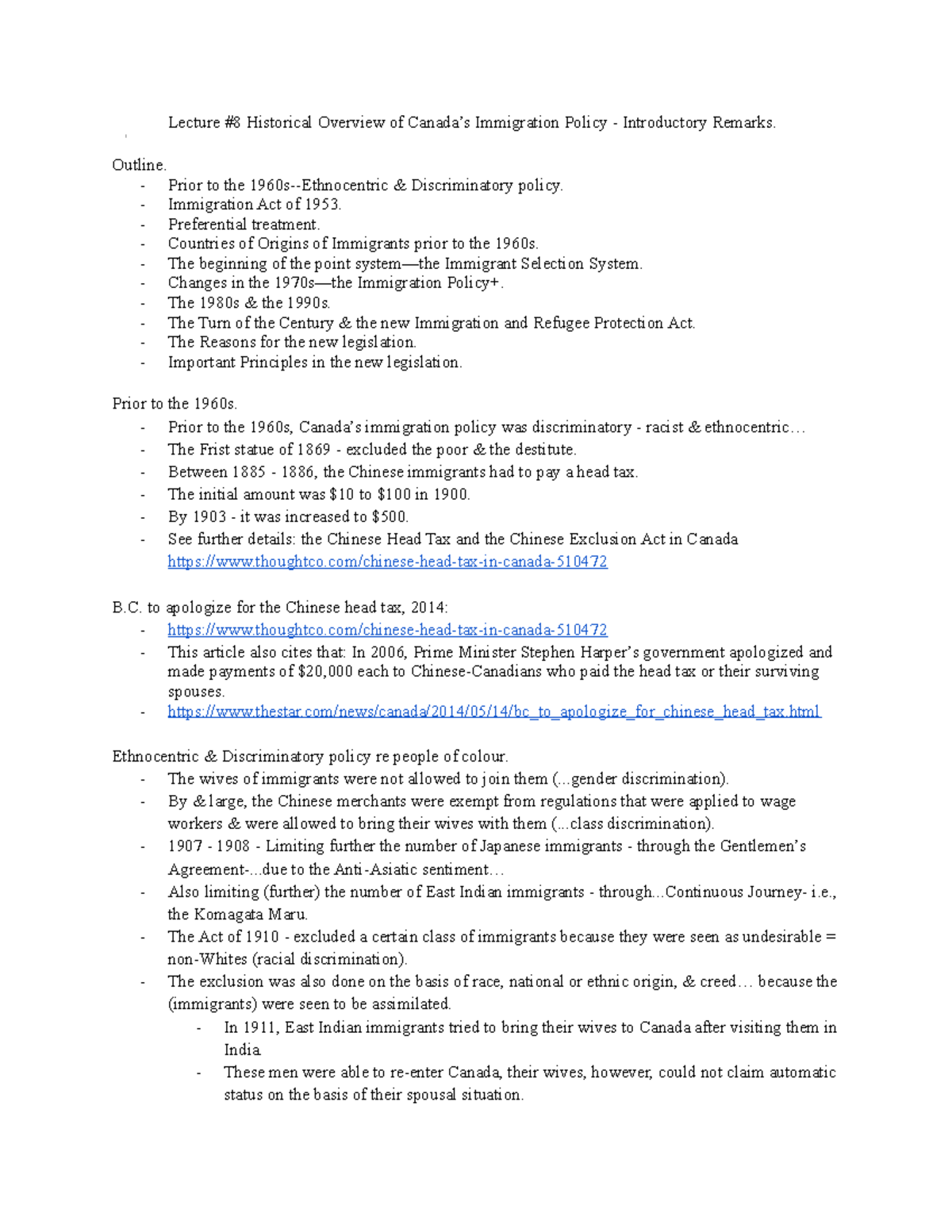 Lecture #8 Historical Overview of Canada’s Immigration Policy ...