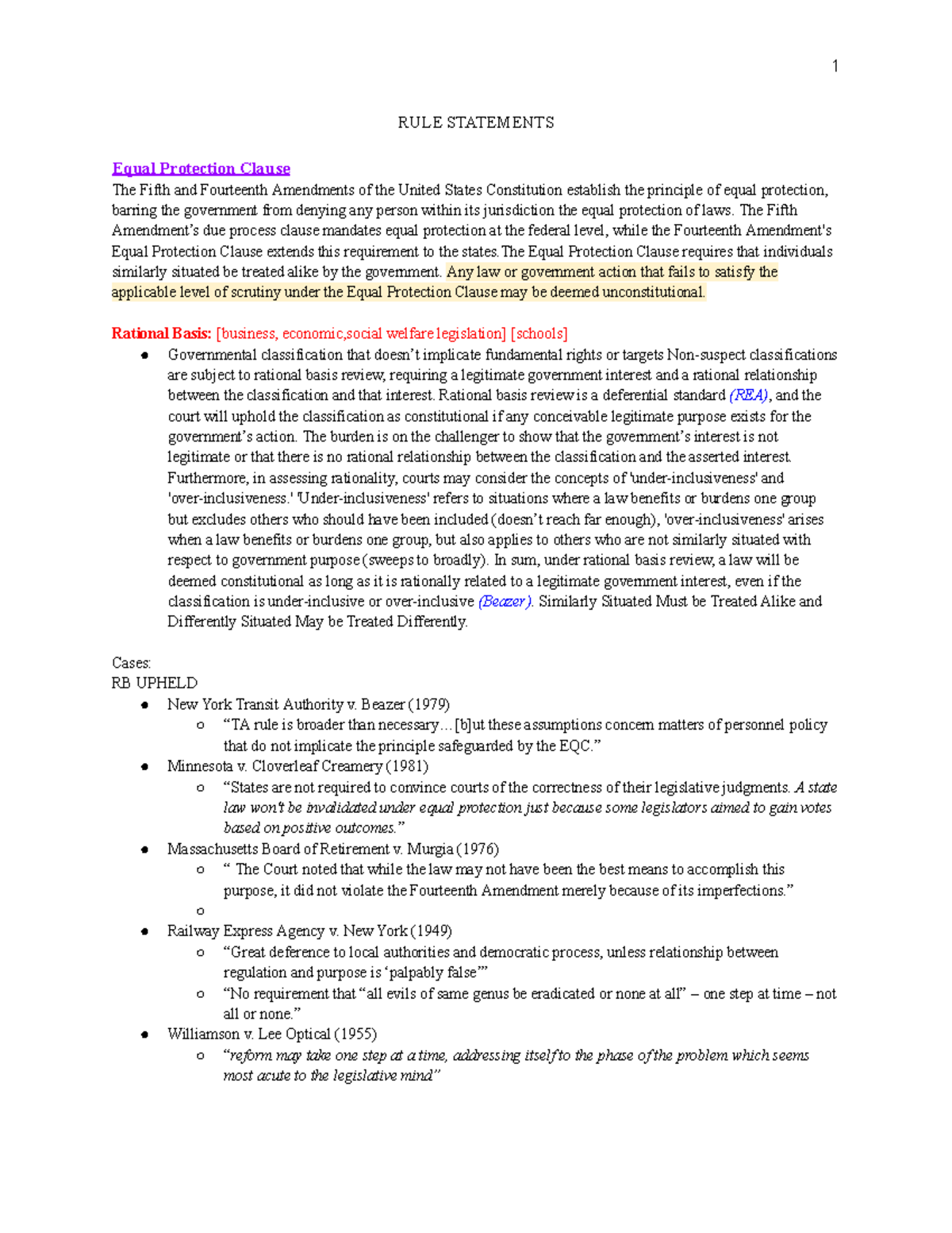 CON LAW II - Rule Statements - RULE STATEMENTS Equal Protection Clause ...