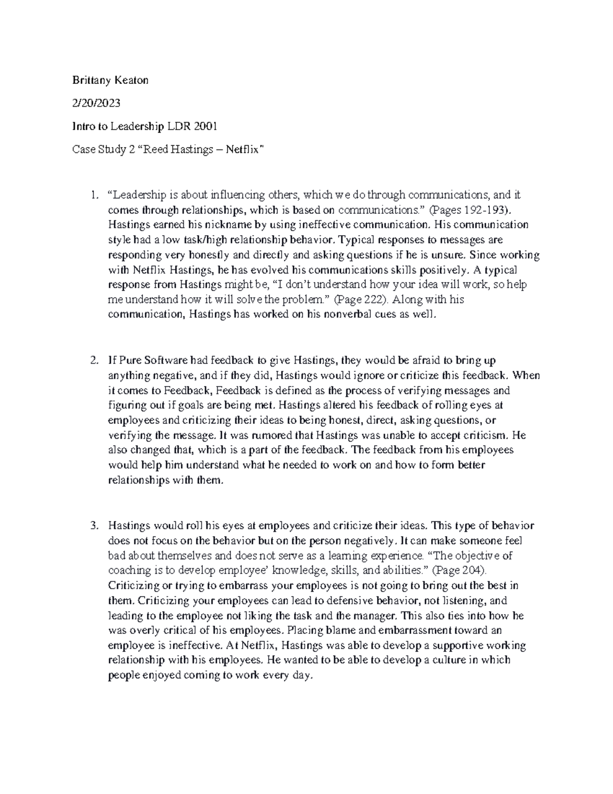 Case Study Section 2 Reed Hastings Netflix - Brittany Keaton 2/20 ...