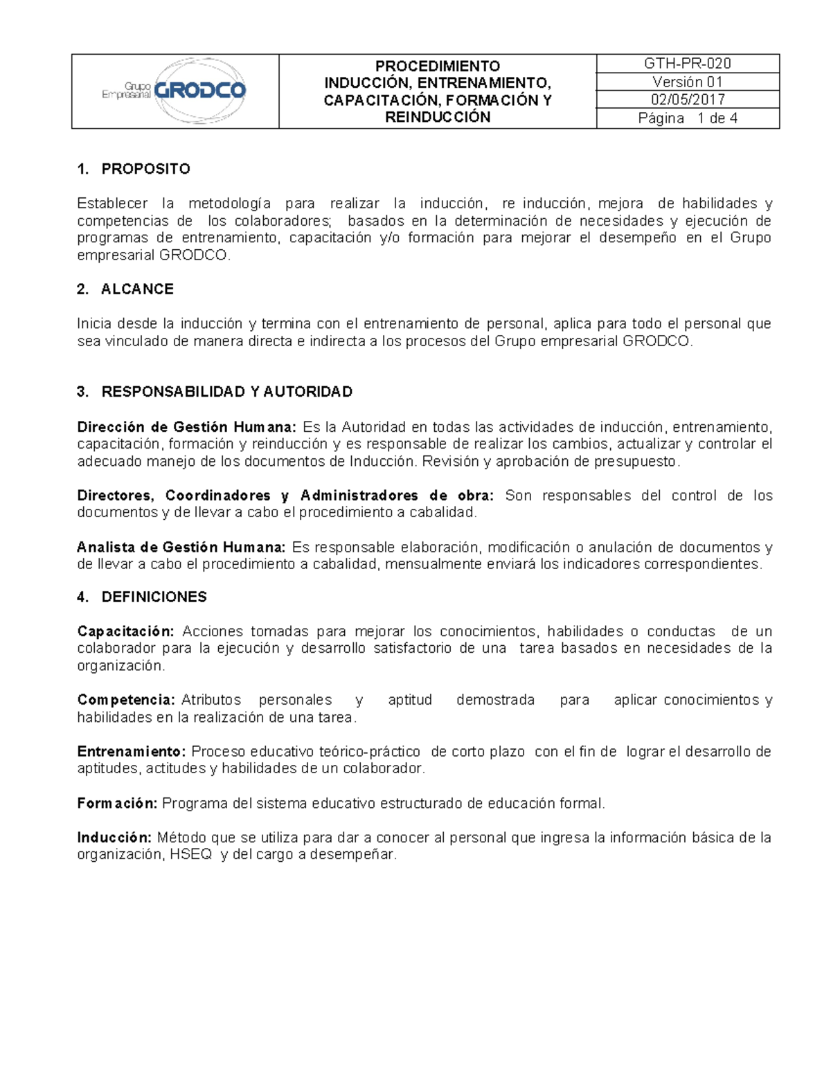 Procedimiento Induccion Entrenamiento Capacitacion Formacion Y Reinduccion - PROCEDIMIENTO - Studocu