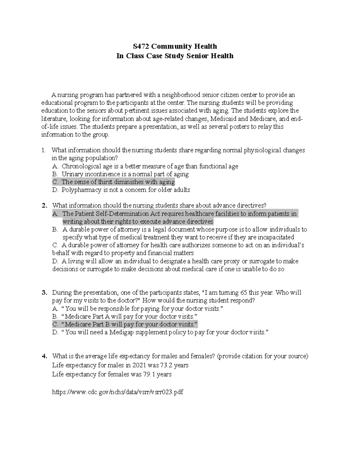 Senior Health homework - S472 Community Health In Class Case Study ...