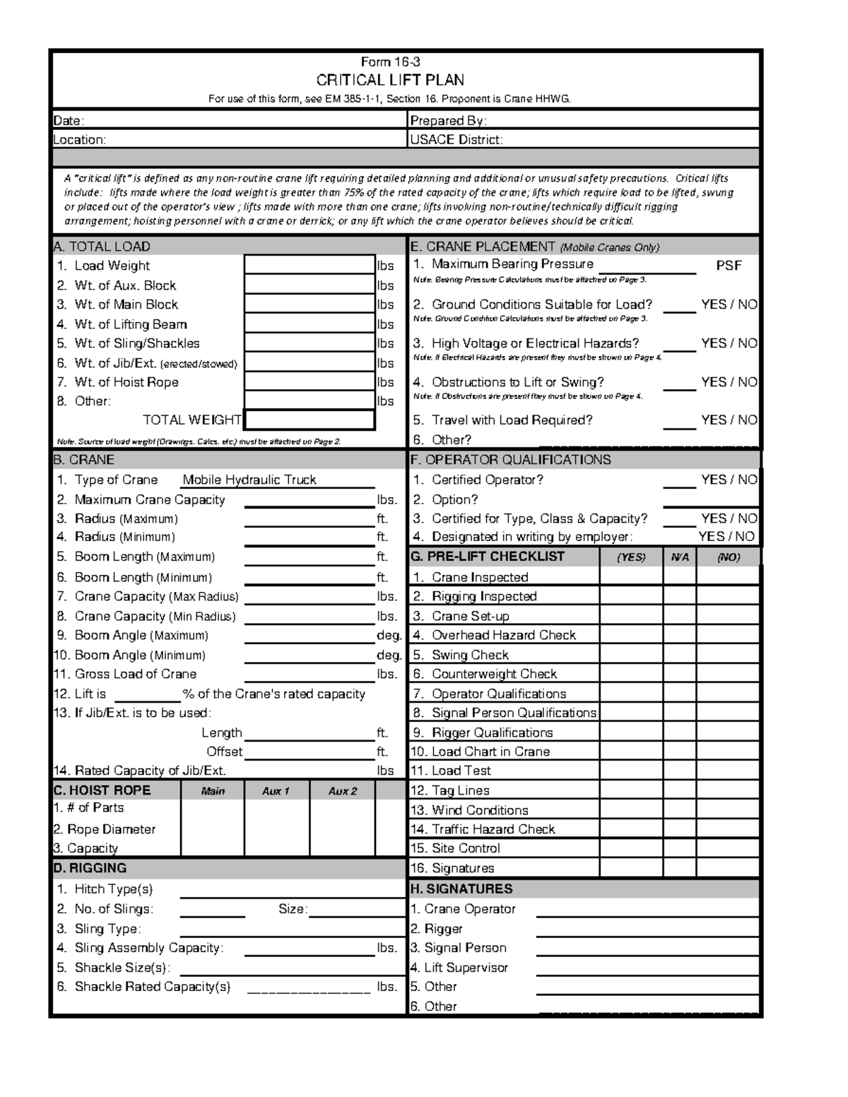 Critical Lift Form 16-3 Final Fillable - Date: Location: A. TOTAL LOAD ...