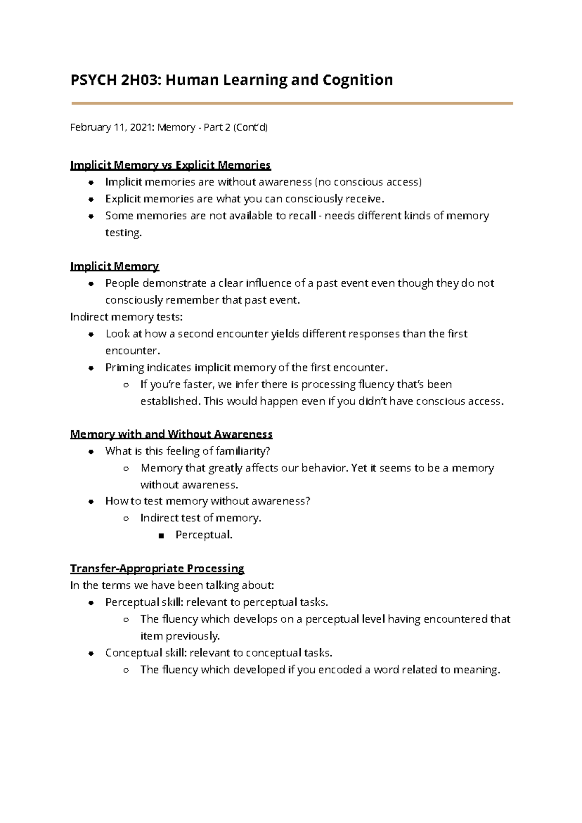 Lecture 12 Psych 2h03 Human Learning And Cognition February 11 2021 Memory Part 2 Contd