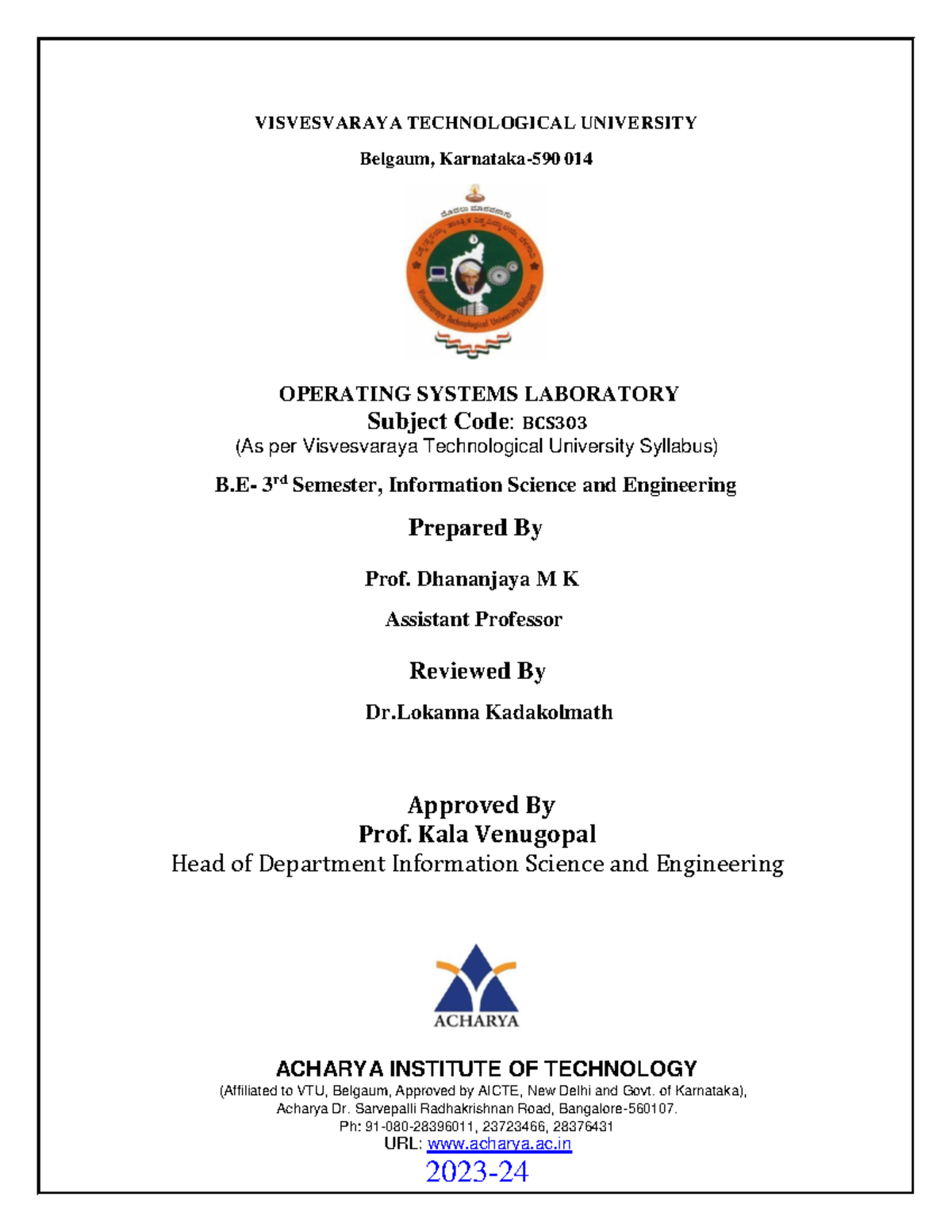 Operating Systems Manual BCS303 - VISVESVARAYA TECHNOLOGICAL UNIVERSITY ...