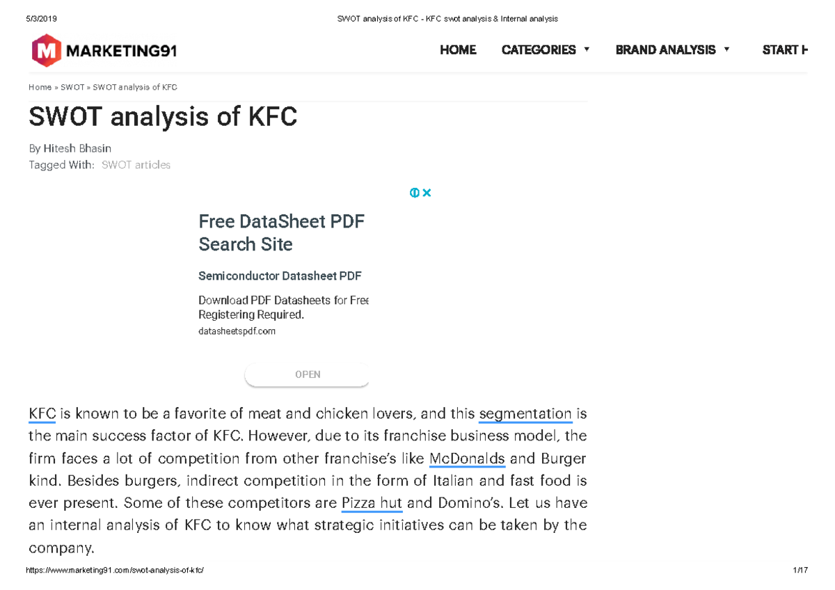 SWOT analysis of KFC - KFC swot analysis & Internal analysis - 5/3/2019 SWOT analysis of KFC ...