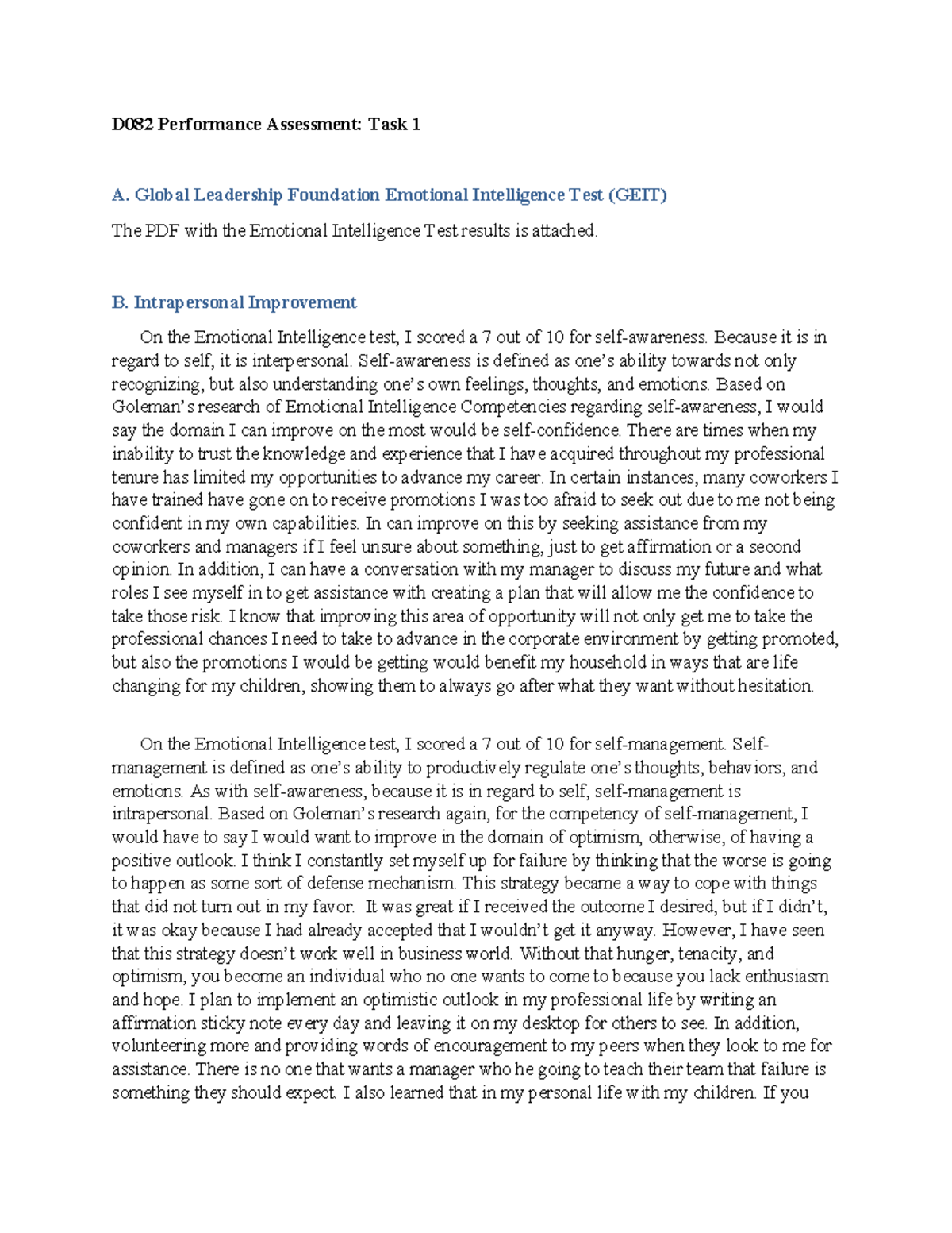D082 Task 1 - D082 Performance Assessment: Task 1 A. Global Leadership ...