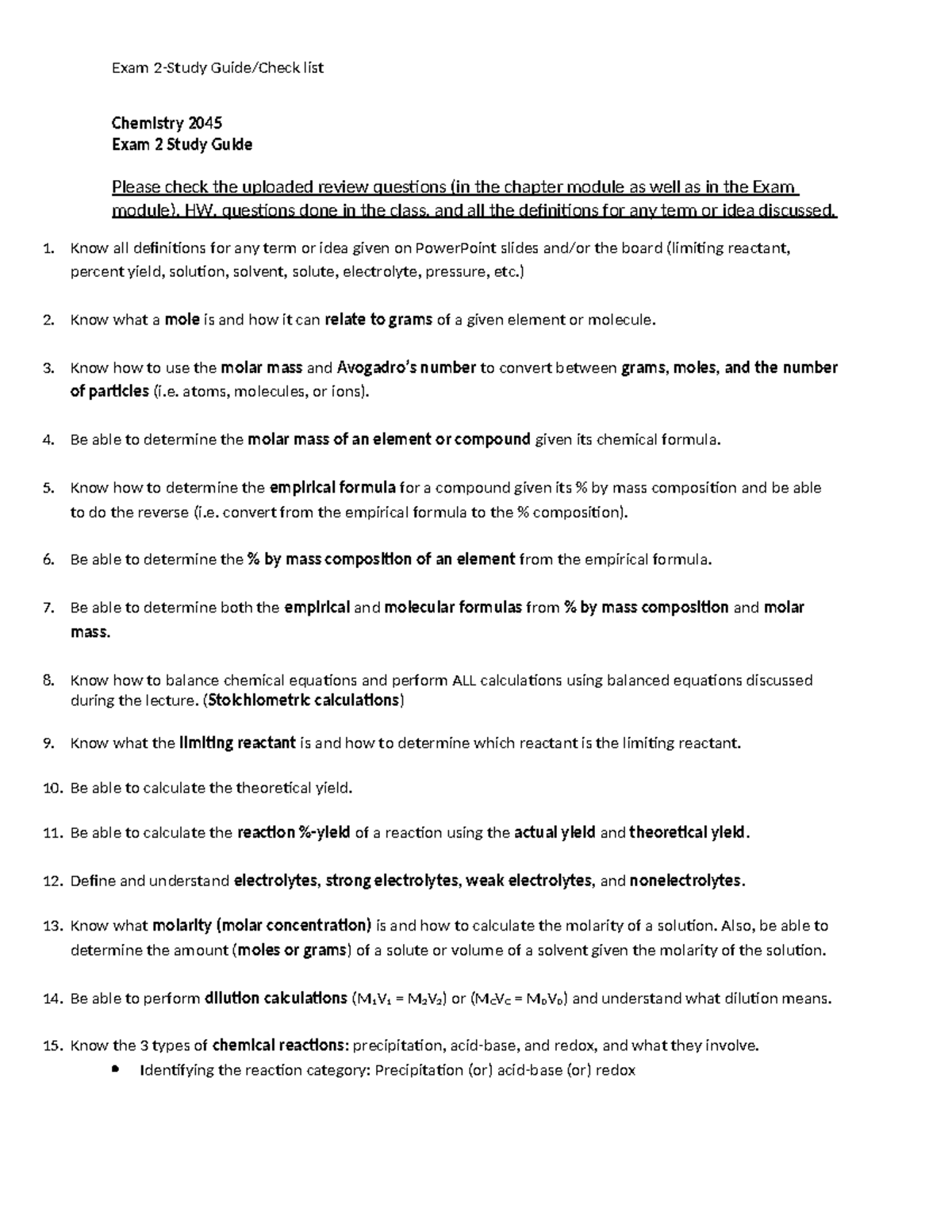 Exam 2 Study Guide S24 - Exam 2-Study Guide/Check list Chemistry 2045 ...