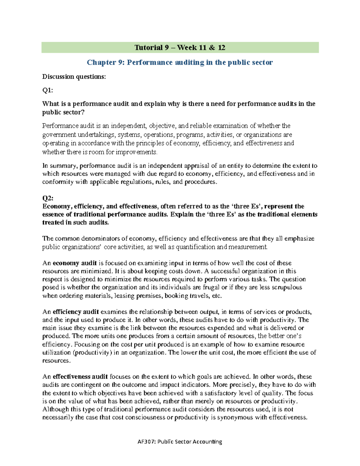 AF307 - Tutorial 9 Solution - AF307: Public Sector Accounting Tutorial ...