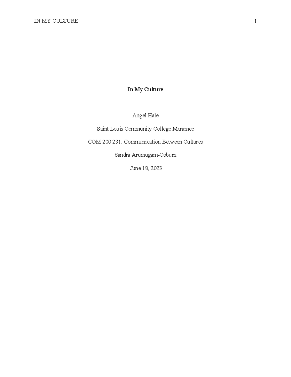 In My Culture - APA style form essay - In My Culture Angel Hale Saint ...