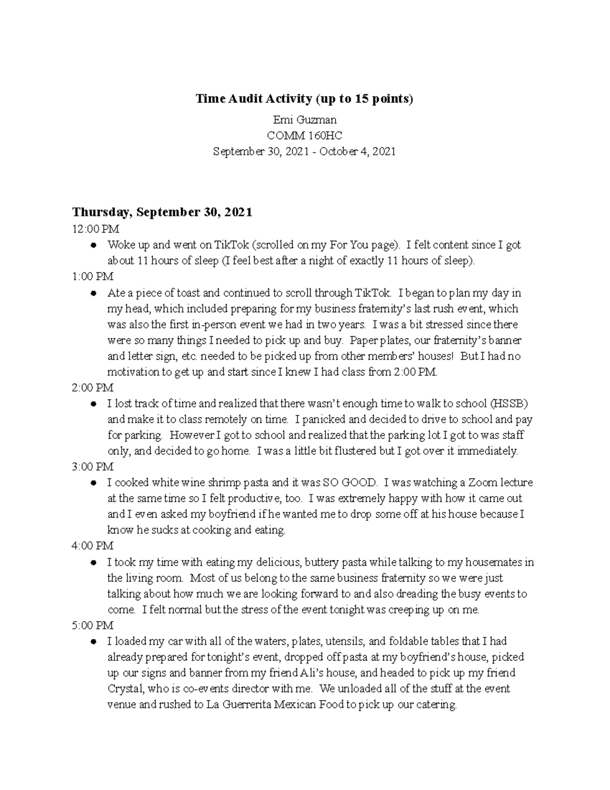 Time Audit COMM 160HC - Time Audit Activity (up to 15 points) Emi ...