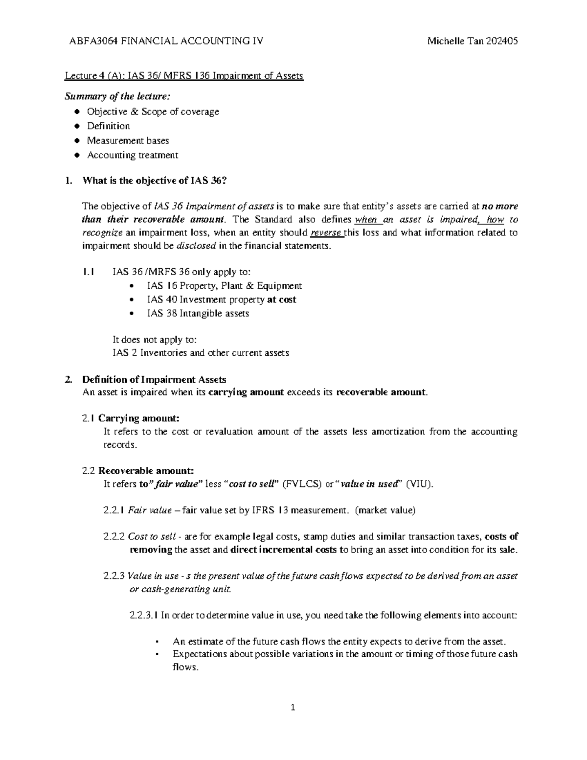 Lecture 4(a) IAS 36 MFRS 136 Impairment (students) - Lecture 4 (A): IAS ...