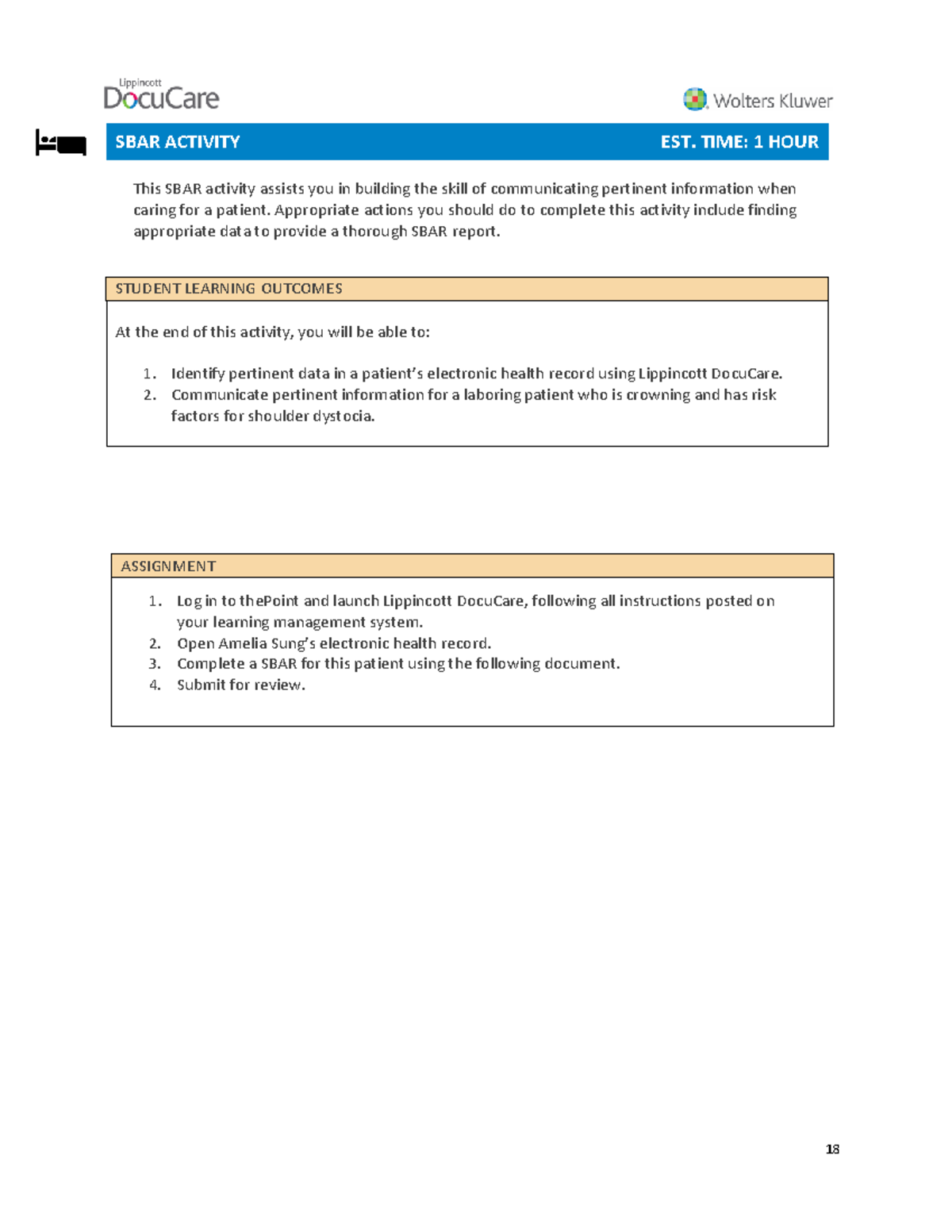 Amelia-SBAR - SBAR - SBAR ACTIVITY EST. TIME: 1 HOUR This SBAR activity ...