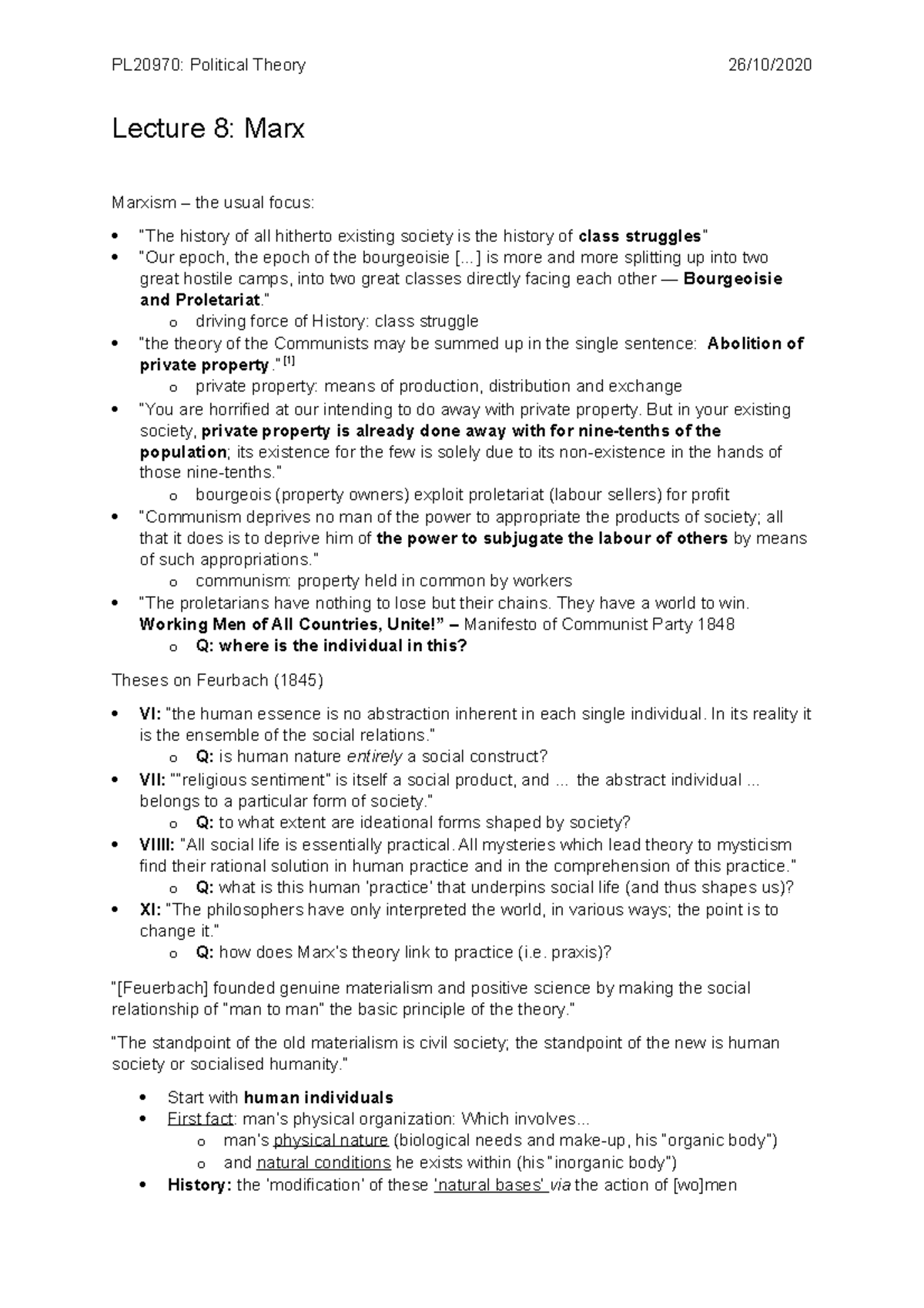 Lecture 8 - Marx - Lecture 8: Marx Marxism – the usual focus: “The ...