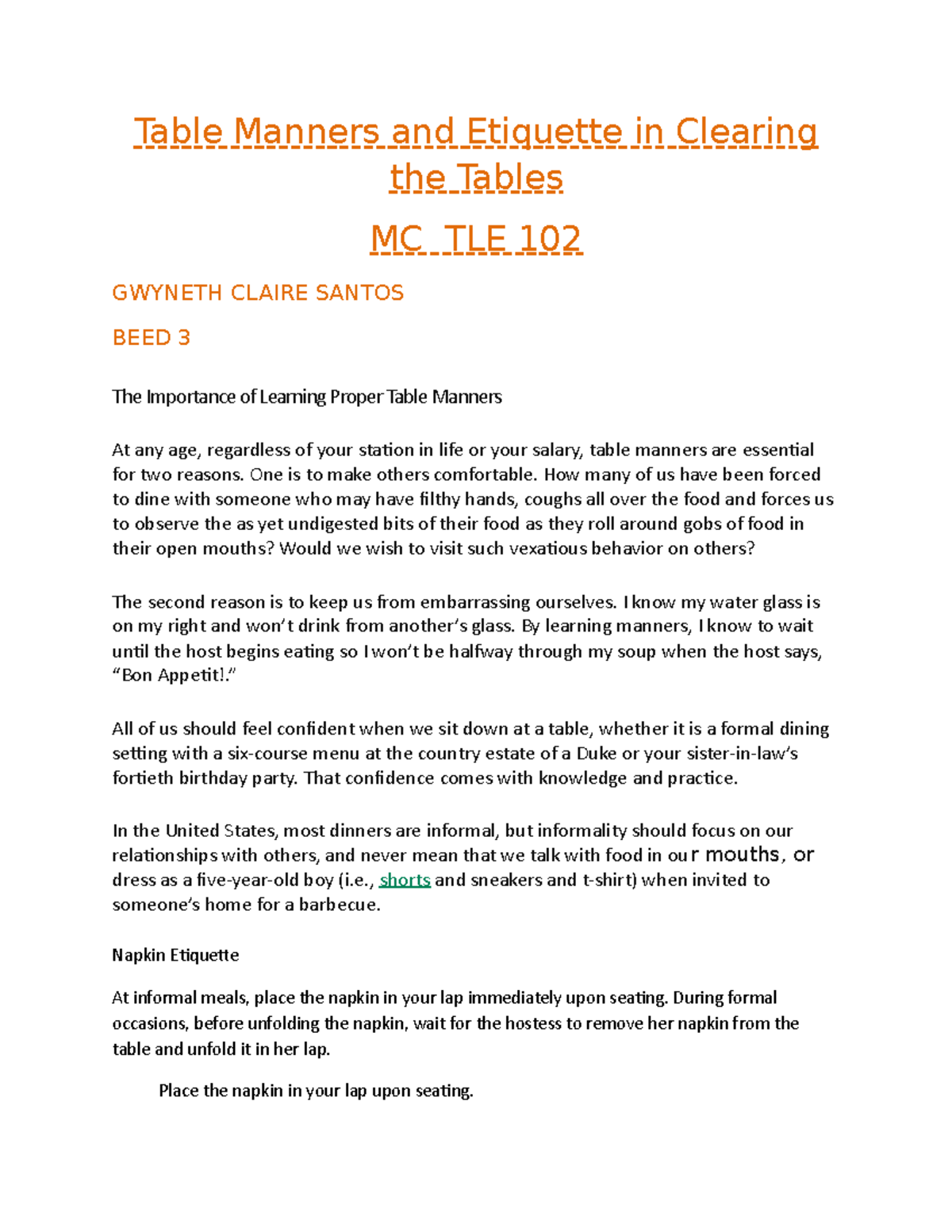 MC TLE 102 - TLE 102 - Table Manners and Etiquette in Clearing the ...