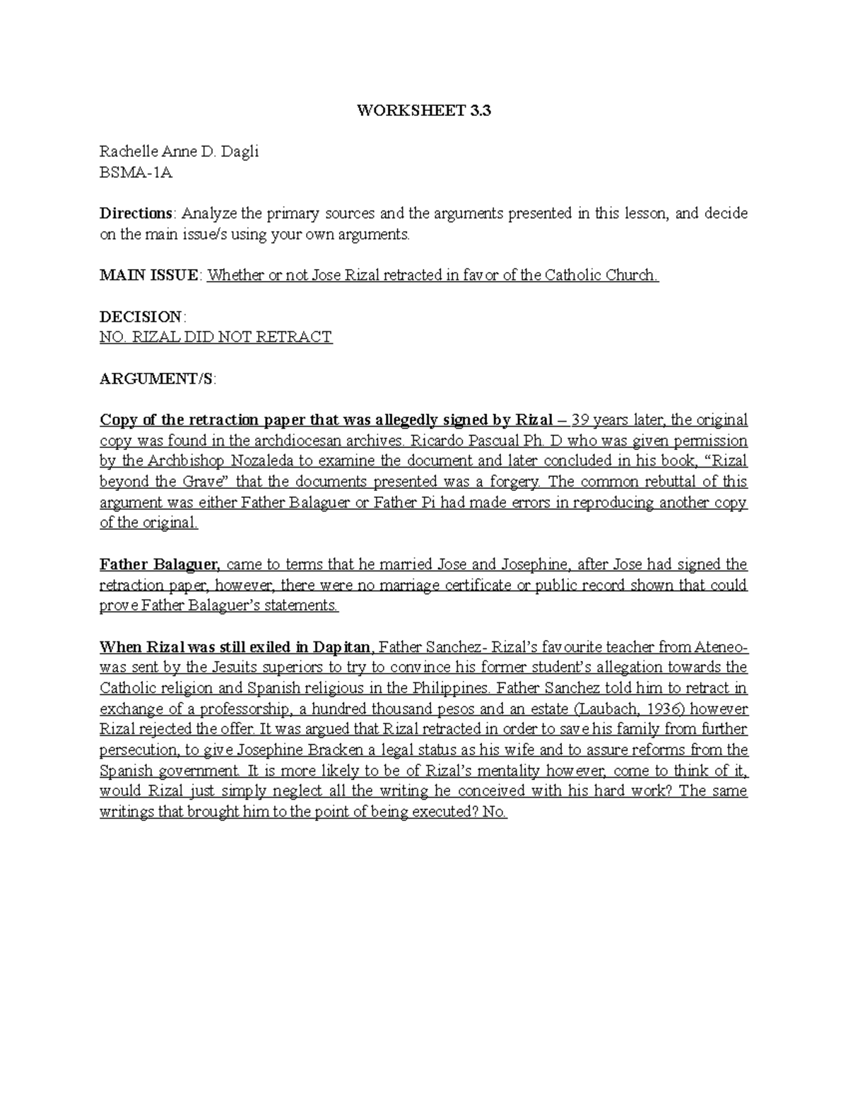 Worksheet 3.3 Rachelle ANNE Dagli - WORKSHEET 3. Rachelle Anne D. Dagli ...