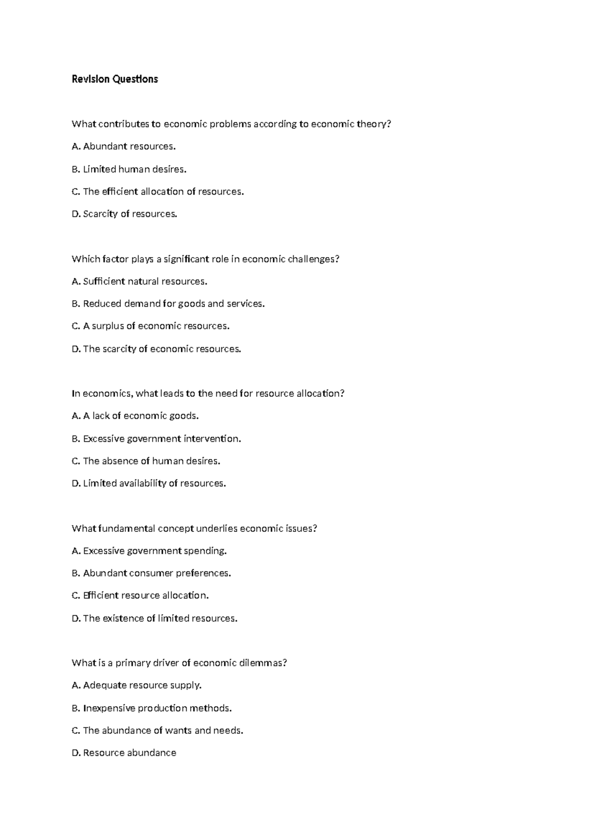 Revision Questions - ECONOMICS - Revision Questions What contributes to ...