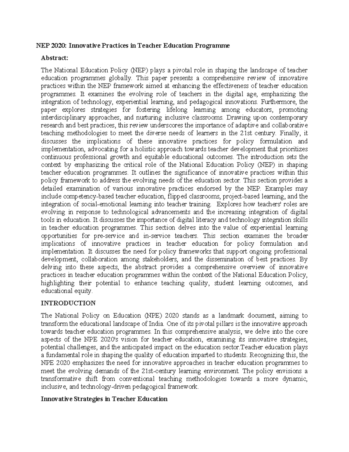NEP 2020 - NEP 2020: Innovative Practices in Teacher Education ...