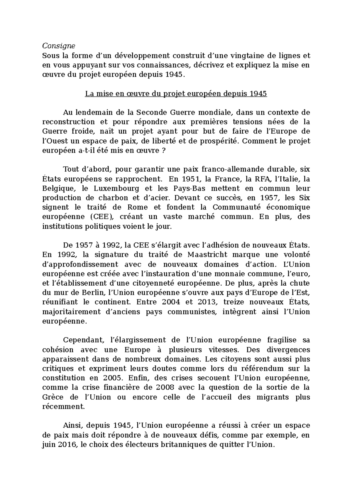 Corrige dc projet europeen - Consigne Sous la forme d’un développement ...