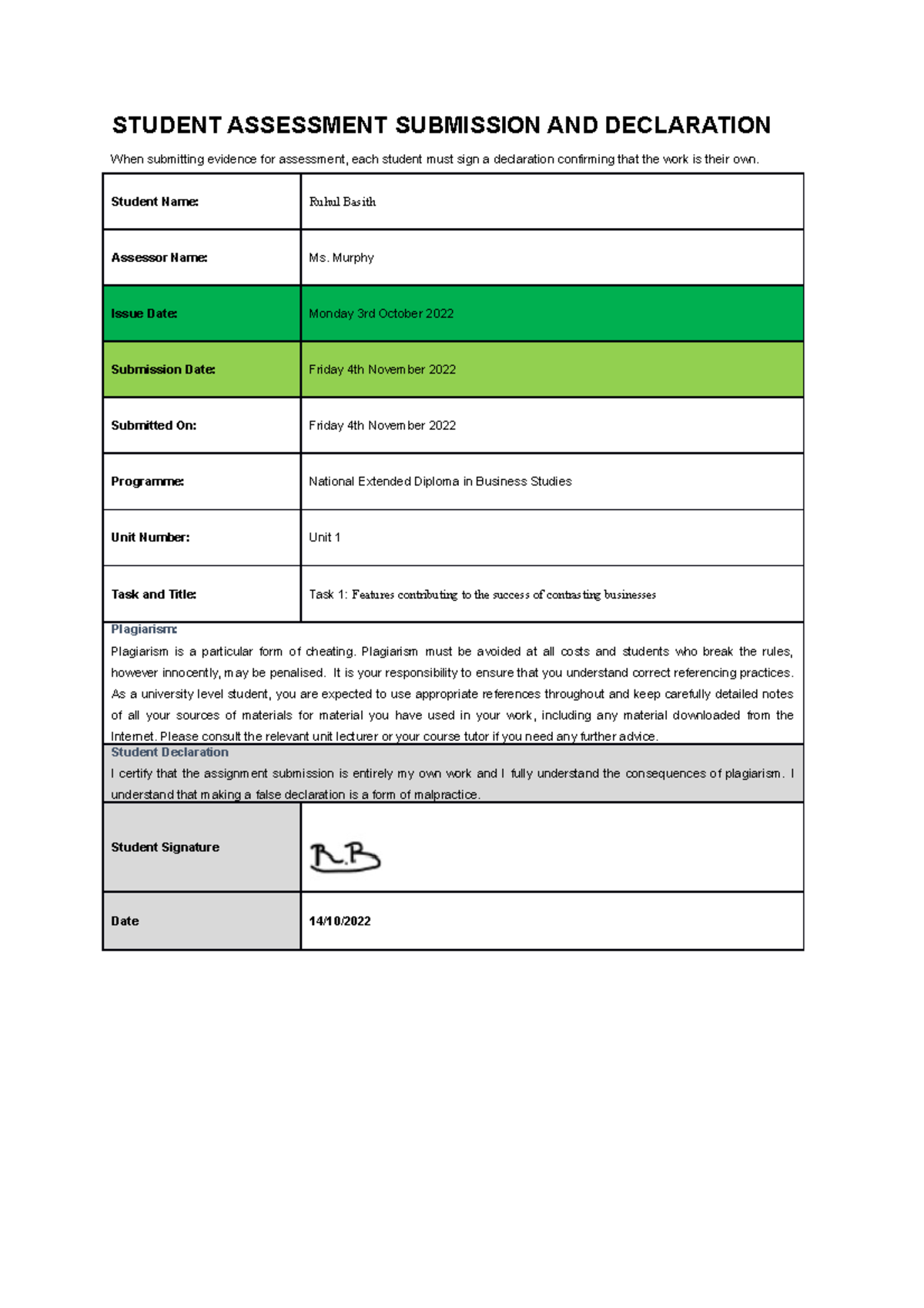 BTEC Declaration Assessment Record Sheet - UNIT 28 TASK 1 YR13 22-23 ...