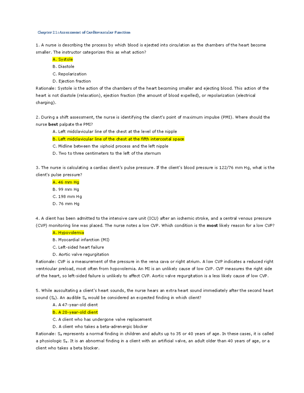 AH1- Exam 3 - AH1- Exam 3 - Chapter 21: Assessment of Cardiovascular ...