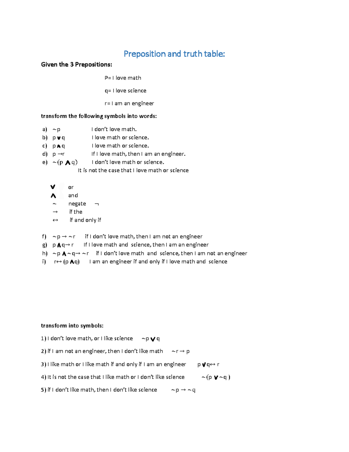 Tuturial-Session 1 - tutorial session 1 - Preposition and truth table: Given the 3 Prepositions ...