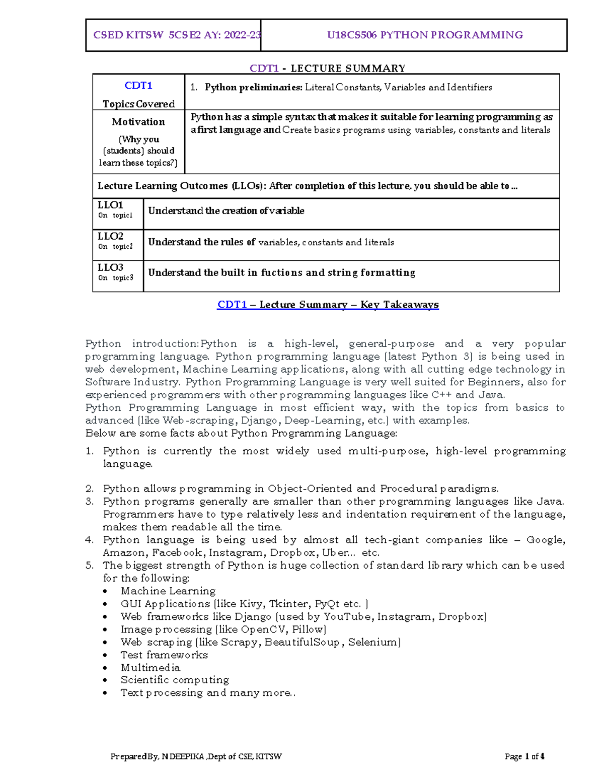 PP CDT1 Summary 5CSE 2022 23 - CDT1 - LECTURE SUMMARY CDT Topics Covered 1. Python preliminaries ...