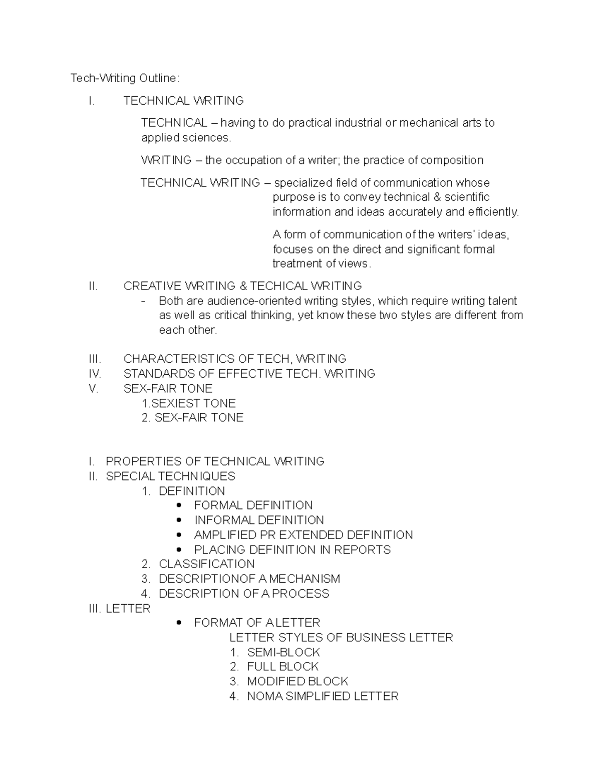 Outline TECHNICAL Writing Tech Writing Outline I TECHNICAL WRITING